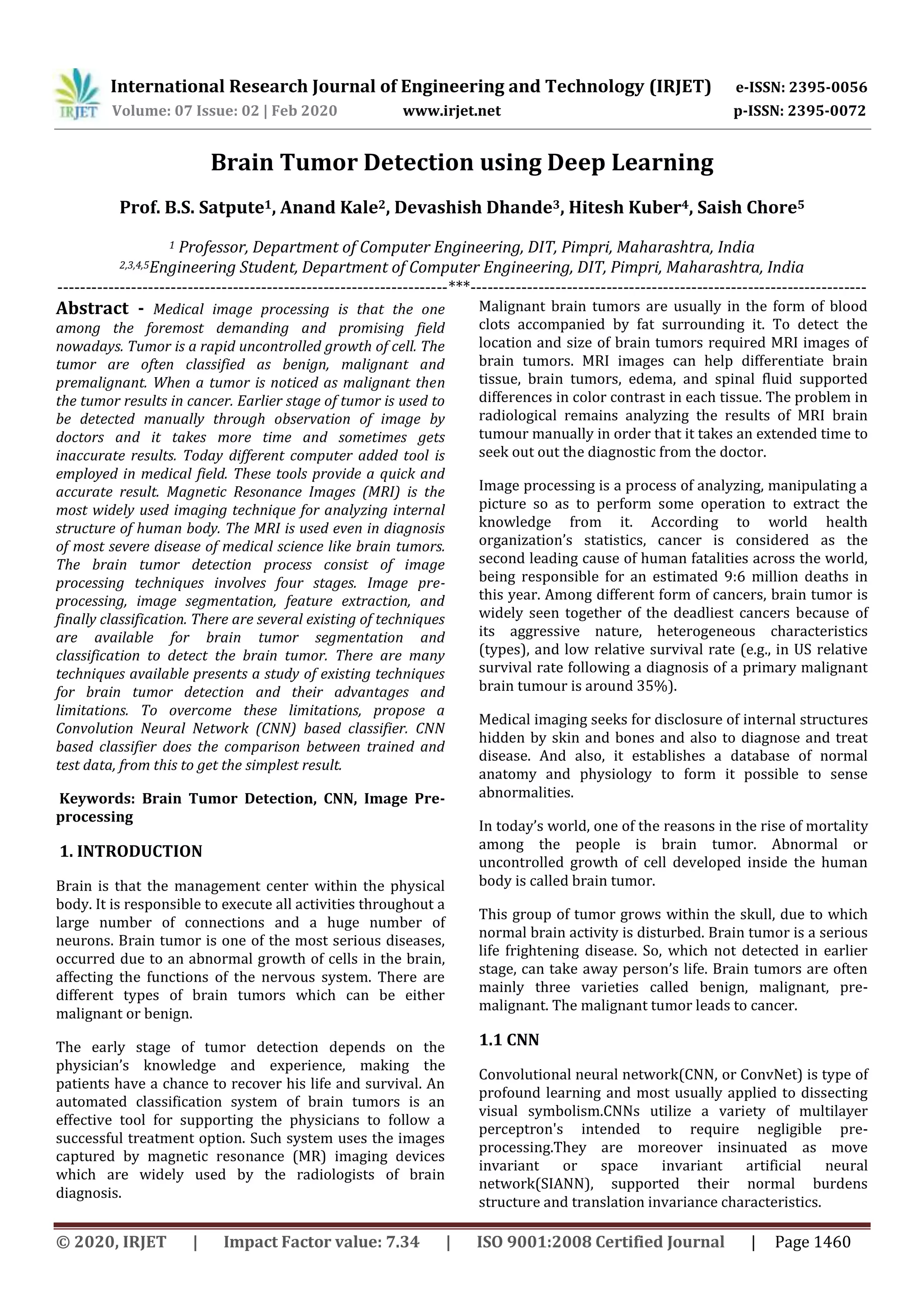 IRJET- Brain Tumor Detection using Deep Learning | PDF