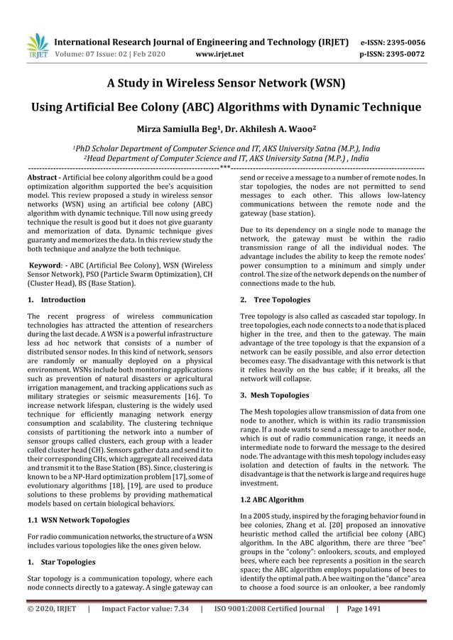 IRJET- A Study in Wireless Sensor Network (WSN) using Artificial Bee Colony (ABC) Algorithms ...