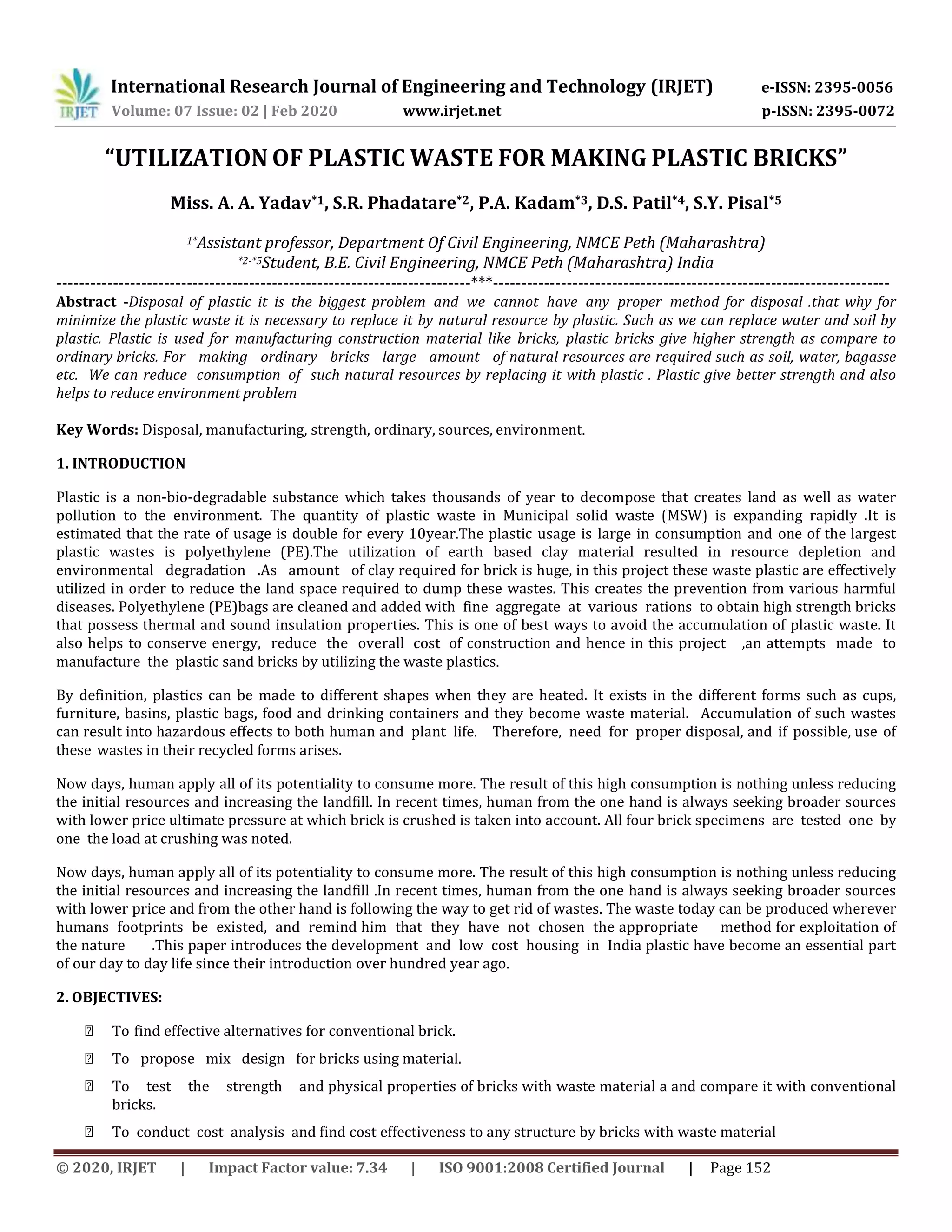 IRJET- Utilization of Plastic Waste for Making Plastic Bricks | PDF