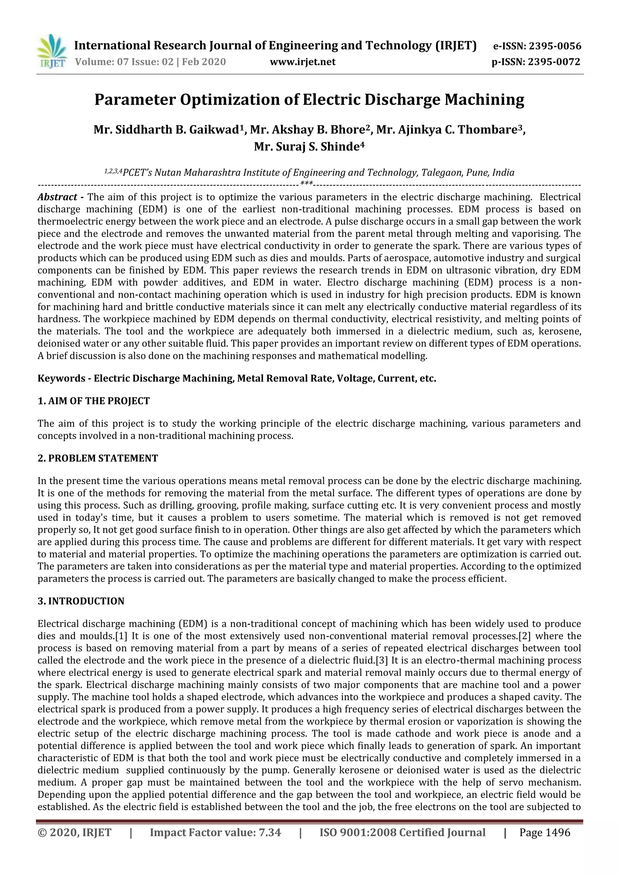 IRJET- Parameter Optimization of Electric Discharge Machining | PDF