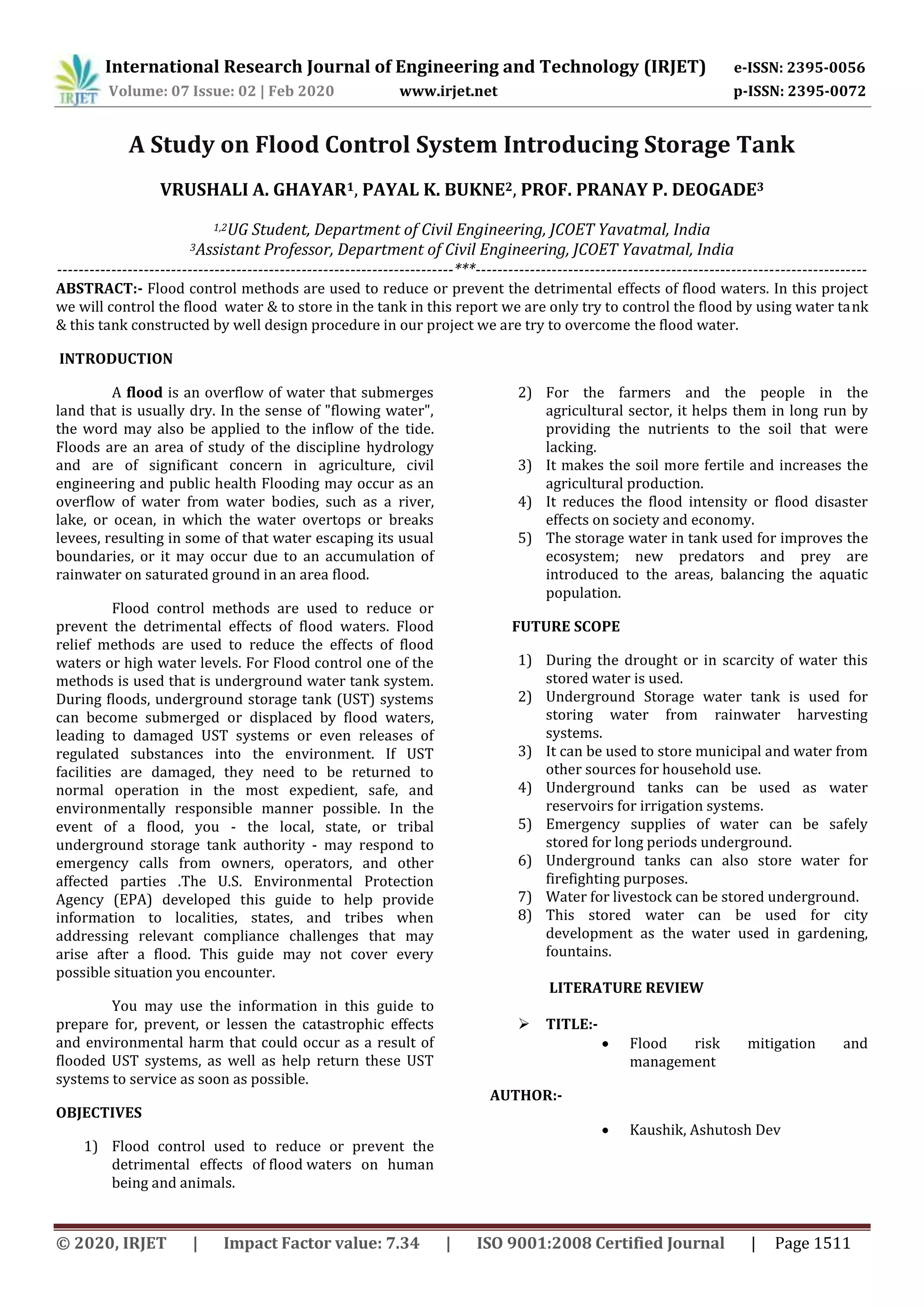 IRJET- A Study on Flood Control System Introducing Storage Tank | PDF