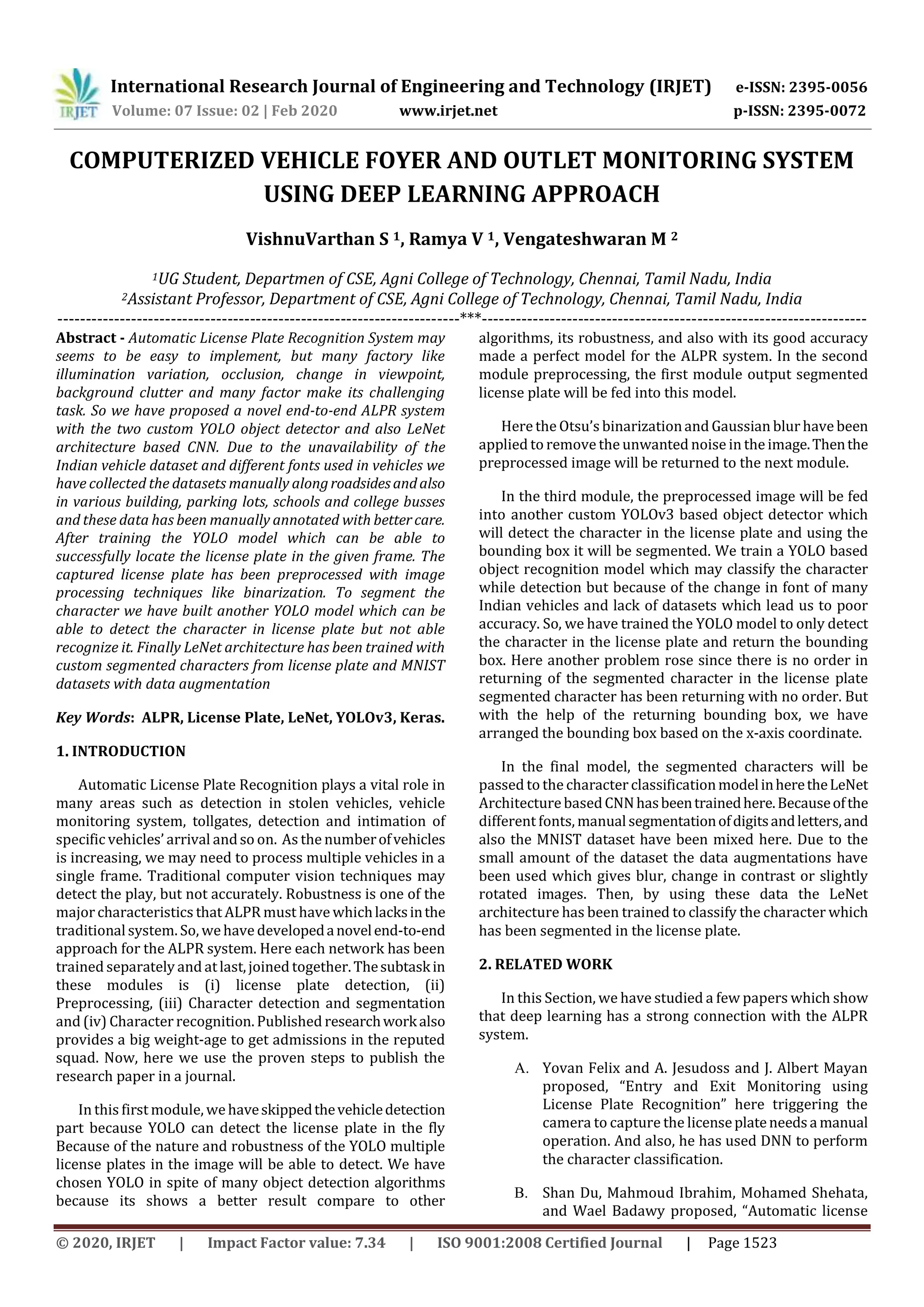 IRJET- Computerized Vehicle Foyer and Outlet Monitoring System using Deep Learning Approach | PDF
