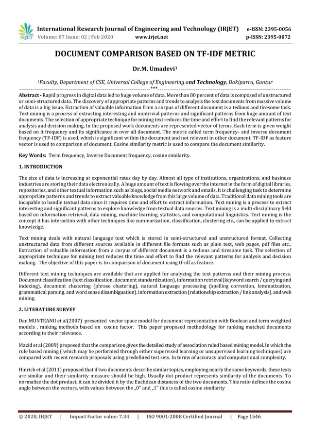 IRJET - Document Comparison based on TF-IDF Metric | PDF