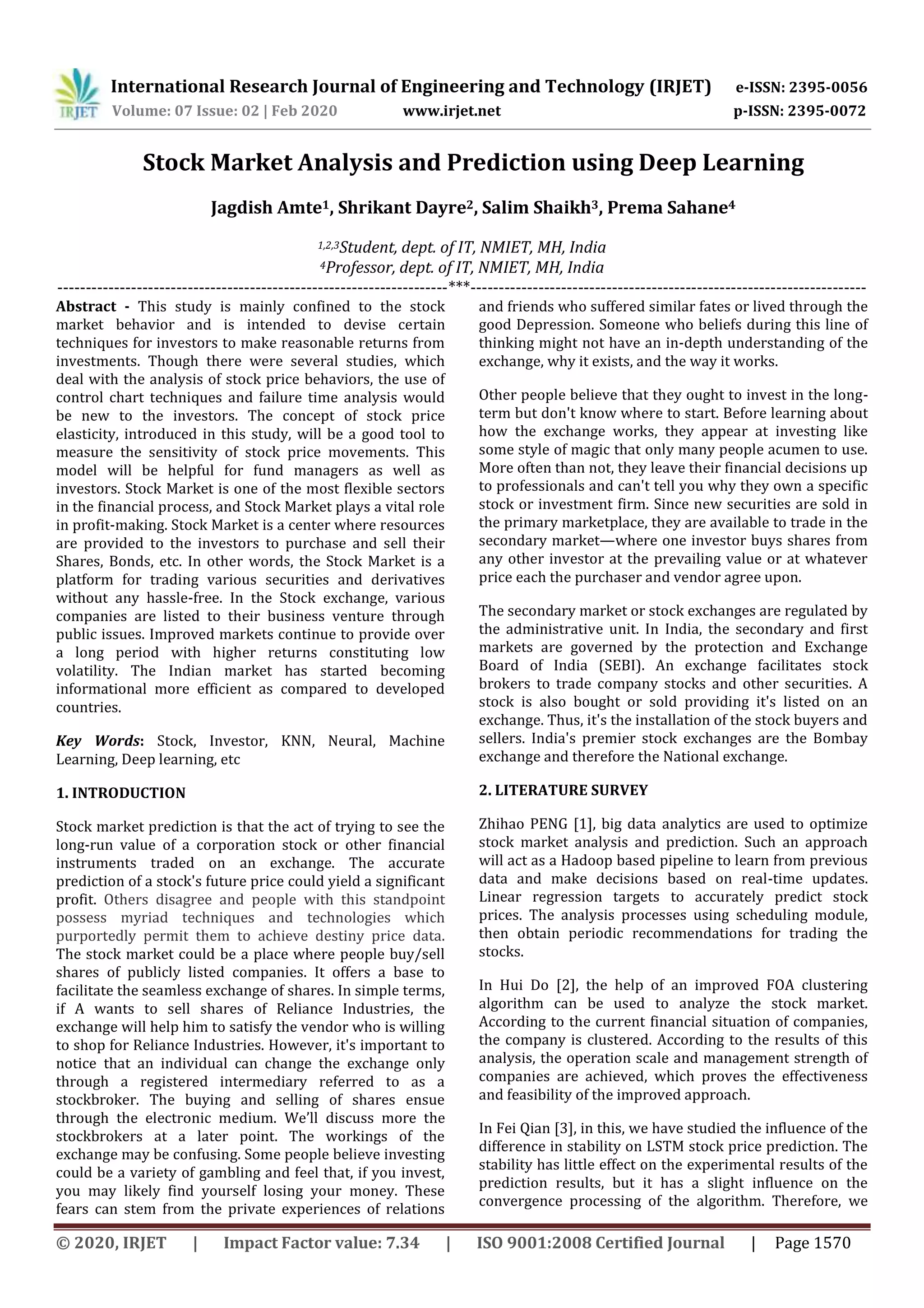 IRJET - Stock Market Analysis and Prediction using Deep Learning | PDF