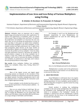 IRJET- Implementation of Low Area and Less Delay of Various Multipliers using Verilog | PDF