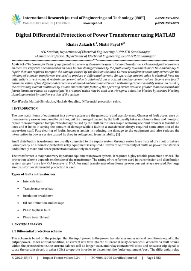 IRJET - Digital Differential Protection of Power Transformer using MATLAB | PDF
