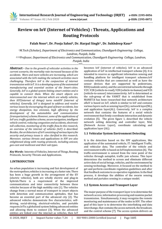 Irjet Review On Iov Internet Of Vehicles Threats Applications And