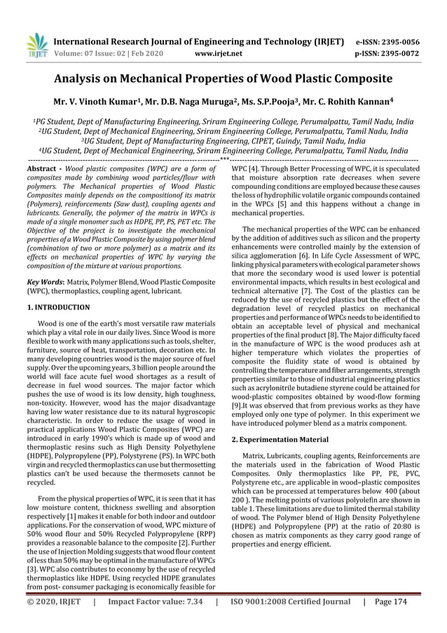 IRJET- Analysis on Mechanical Properties of Wood Plastic Composite | PDF