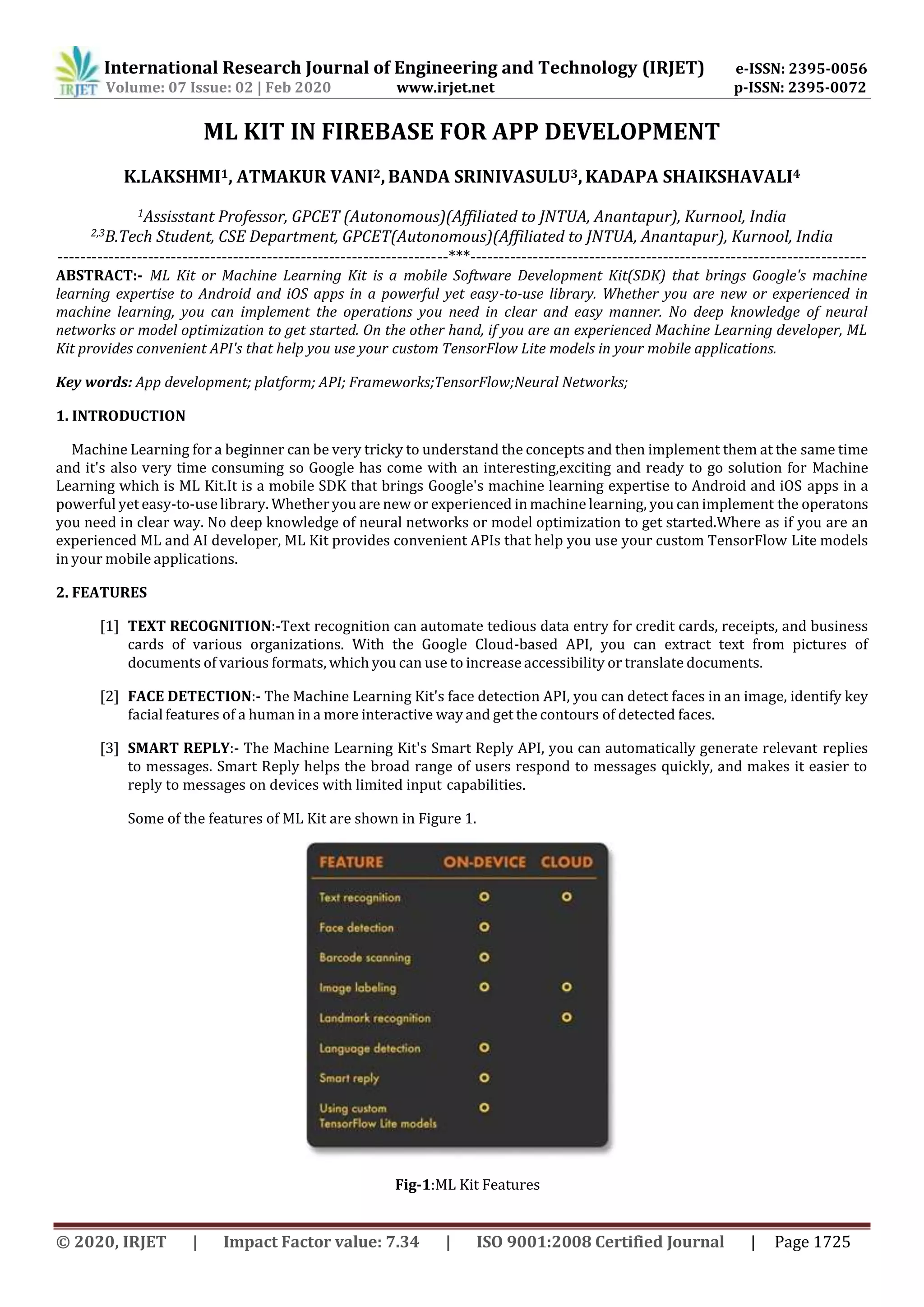 IRJET - ML Kit in Firebase for App Development | PDF