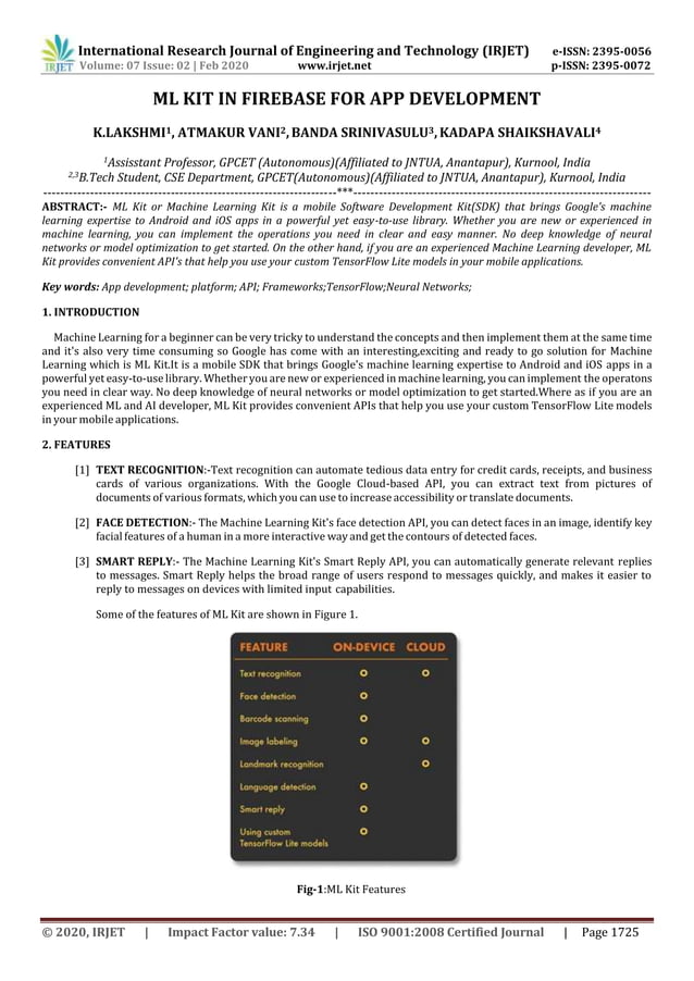 IRJET - ML Kit in Firebase for App Development | PDF