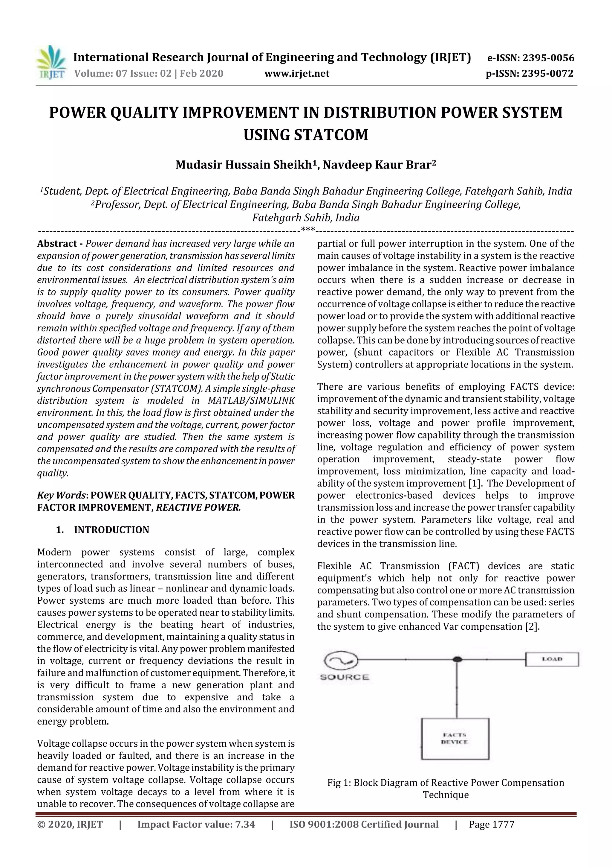 IRJET - Power Quality Improvement in Distribution Power System using STATCOM | PDF