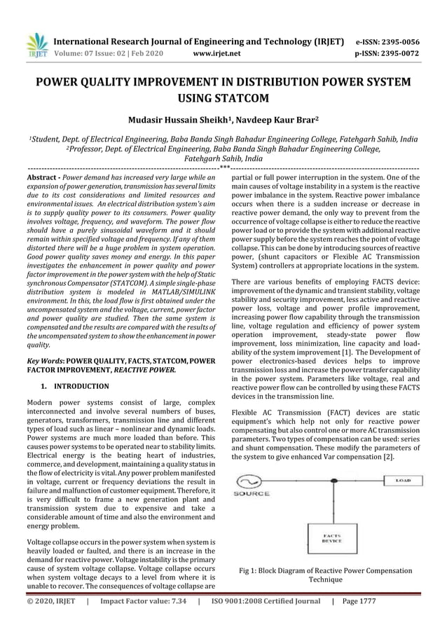 IRJET - Power Quality Improvement in Distribution Power System using STATCOM | PDF