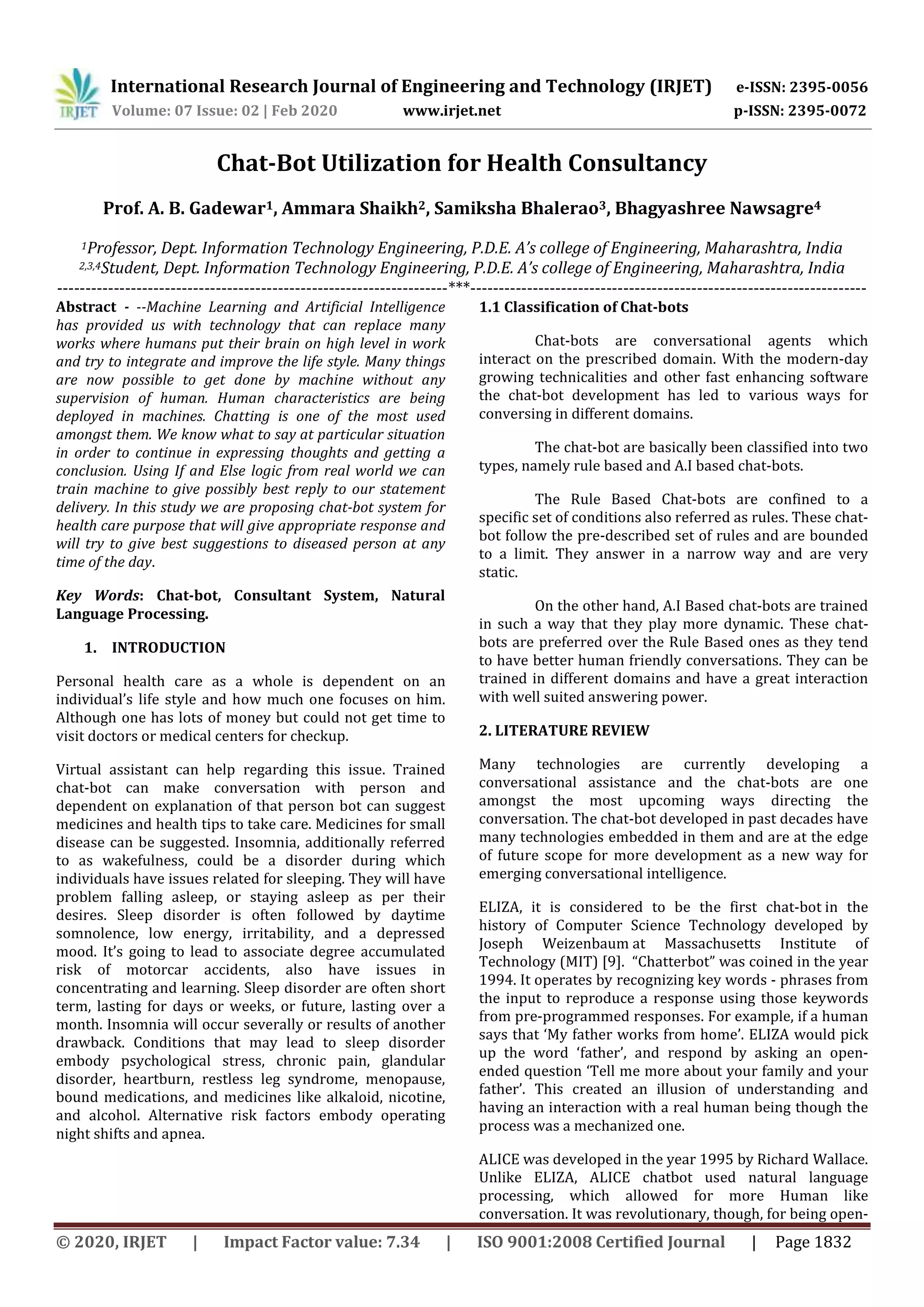 IRJET - Chat-Bot Utilization for Health Consultancy | PDF