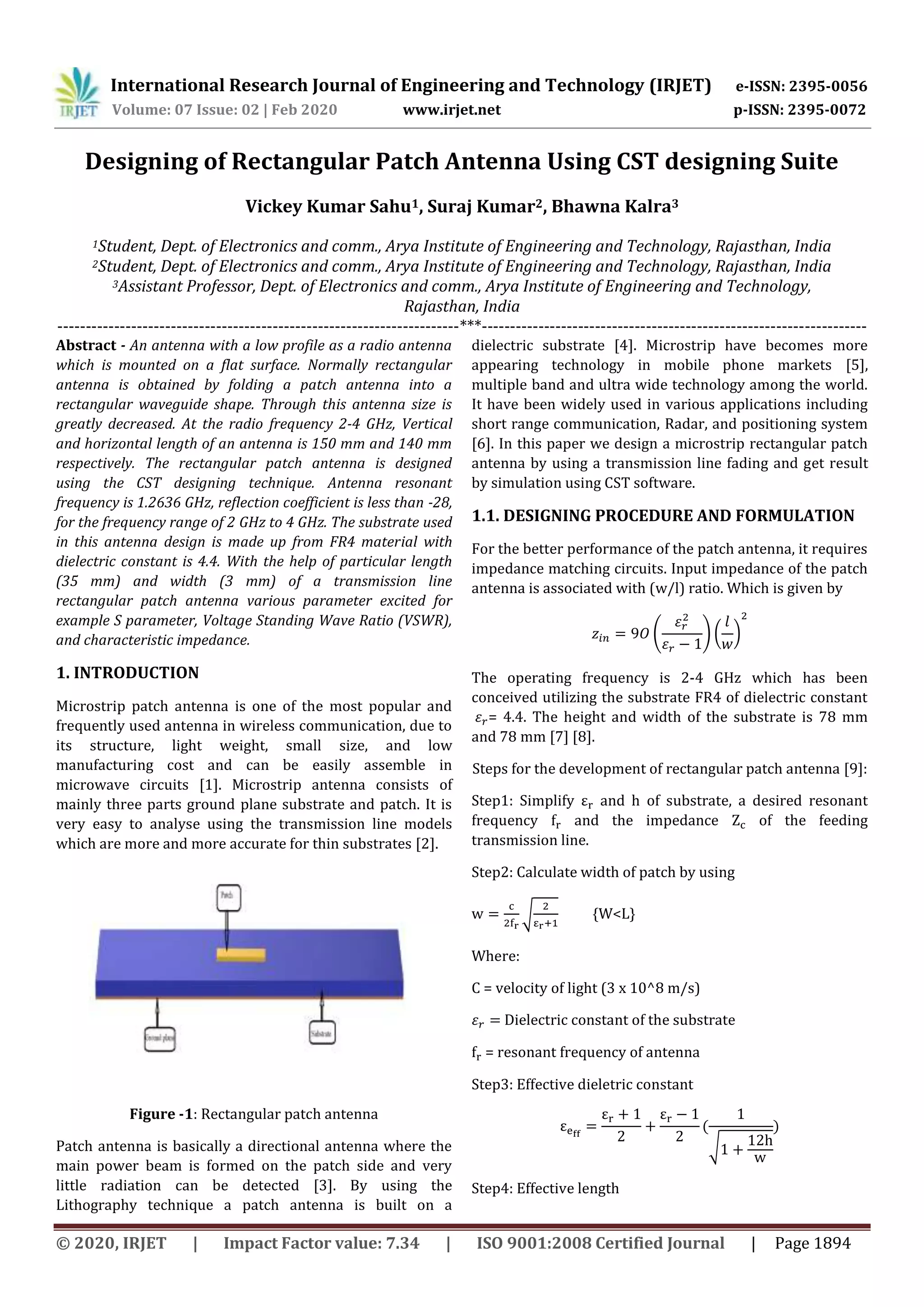 IRJET - Designing of Rectangular Patch Antenna Using CST designing Suite | PDF