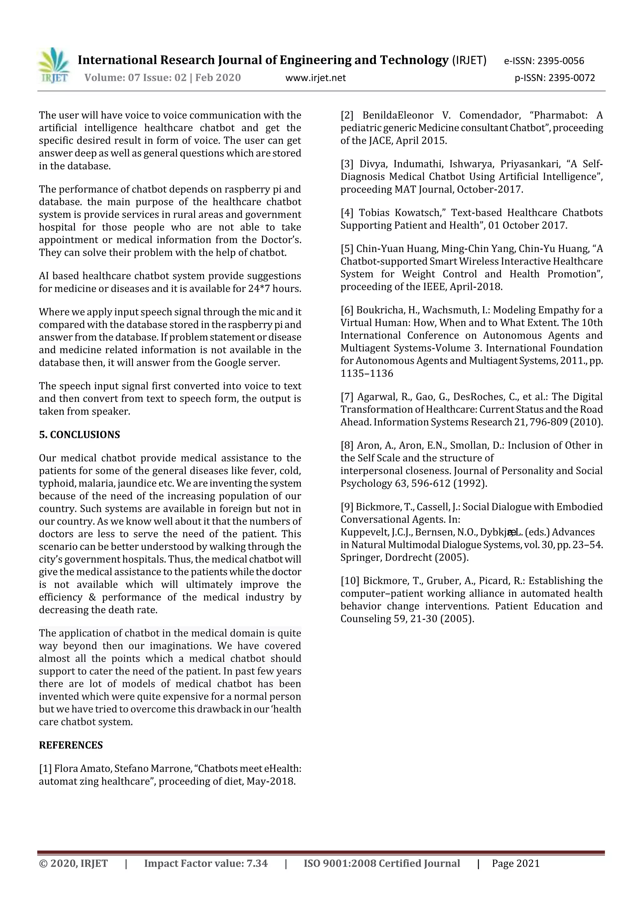 IRJET - Artificial Intelligence based Healthcare Chatbot System | PDF