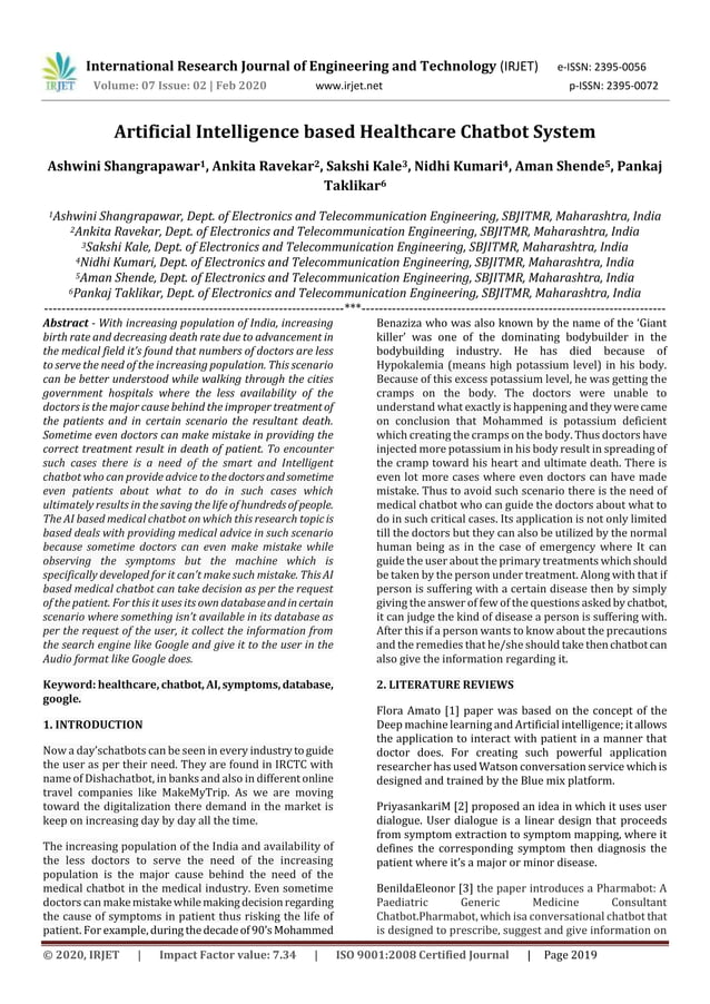 IRJET - Artificial Intelligence based Healthcare Chatbot System | PDF