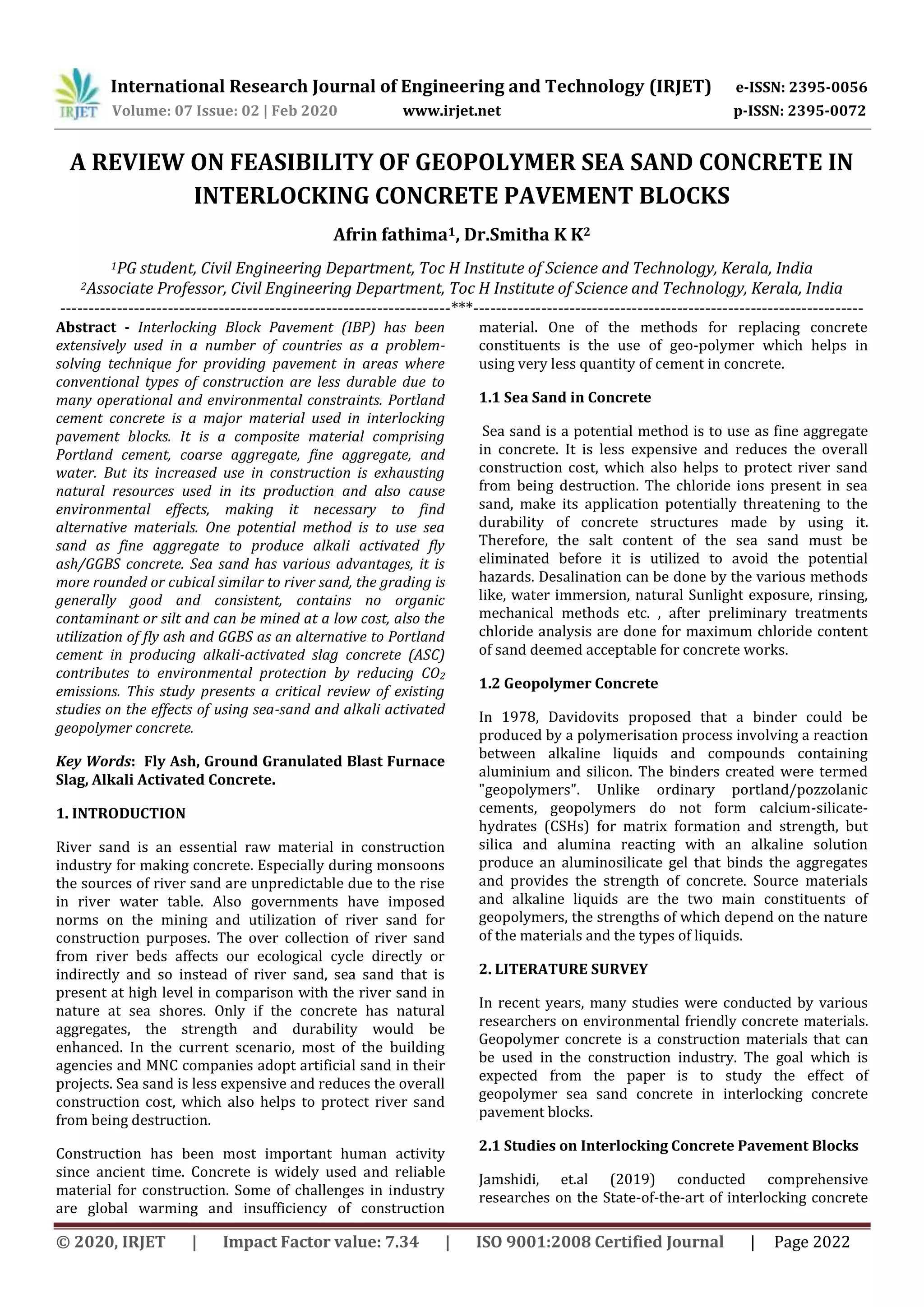 IRJET - A Review on Feasibility of Geopolymer Sea Sand Concrete in ...