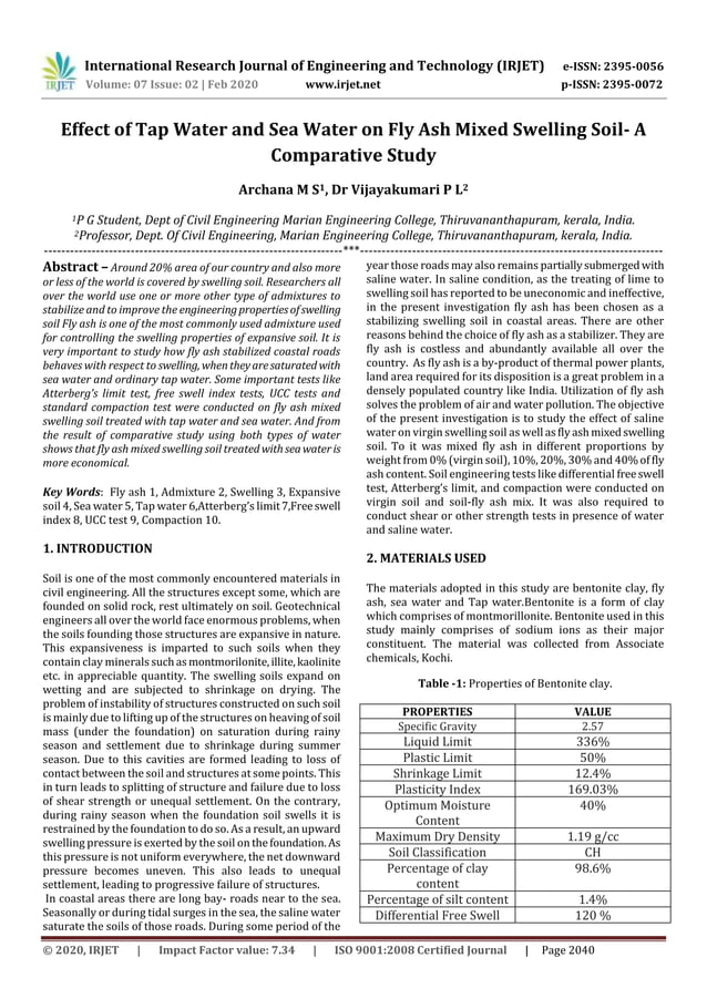 IRJET - Effect of Tap Water and Sea Water on Fly Ash Mixed Swelling ...