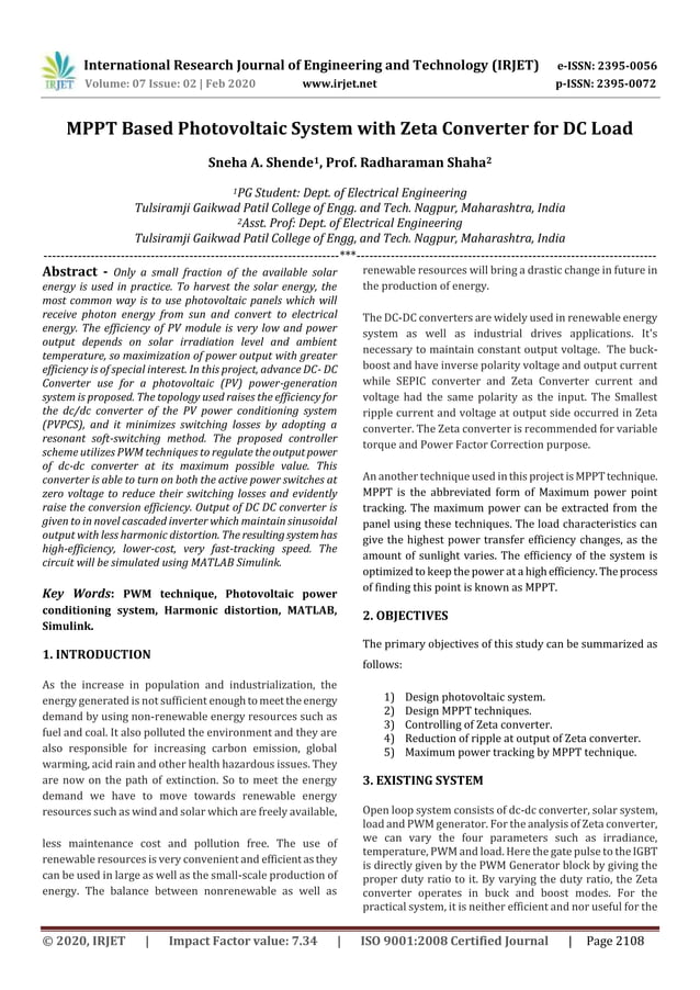 IRJET - MPPT based Photovoltaic System with Zeta Converter for DC Load | PDF