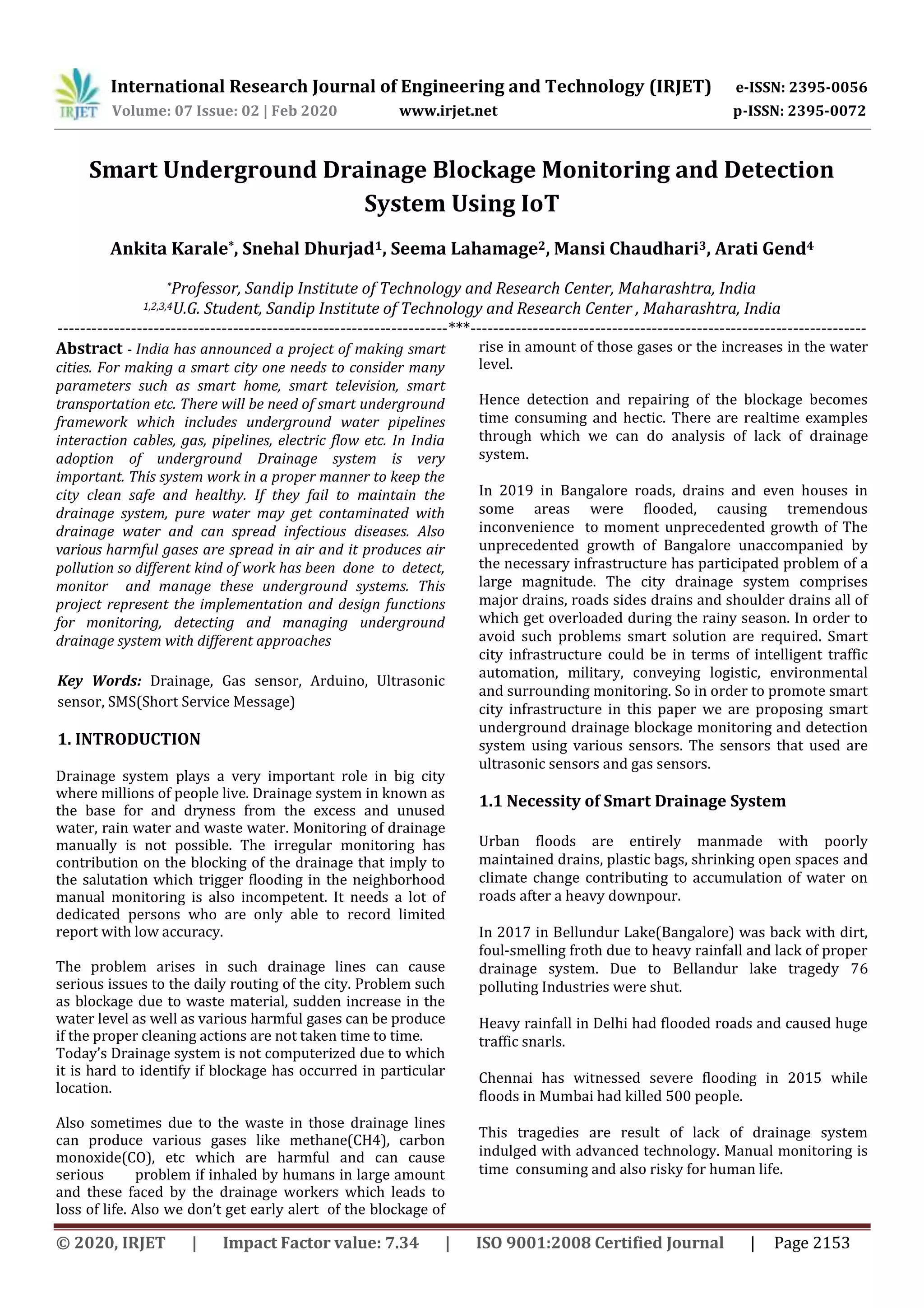 IRJET - Smart Underground Drainage Blockage Monitoring and Detection System using IoT | PDF ...
