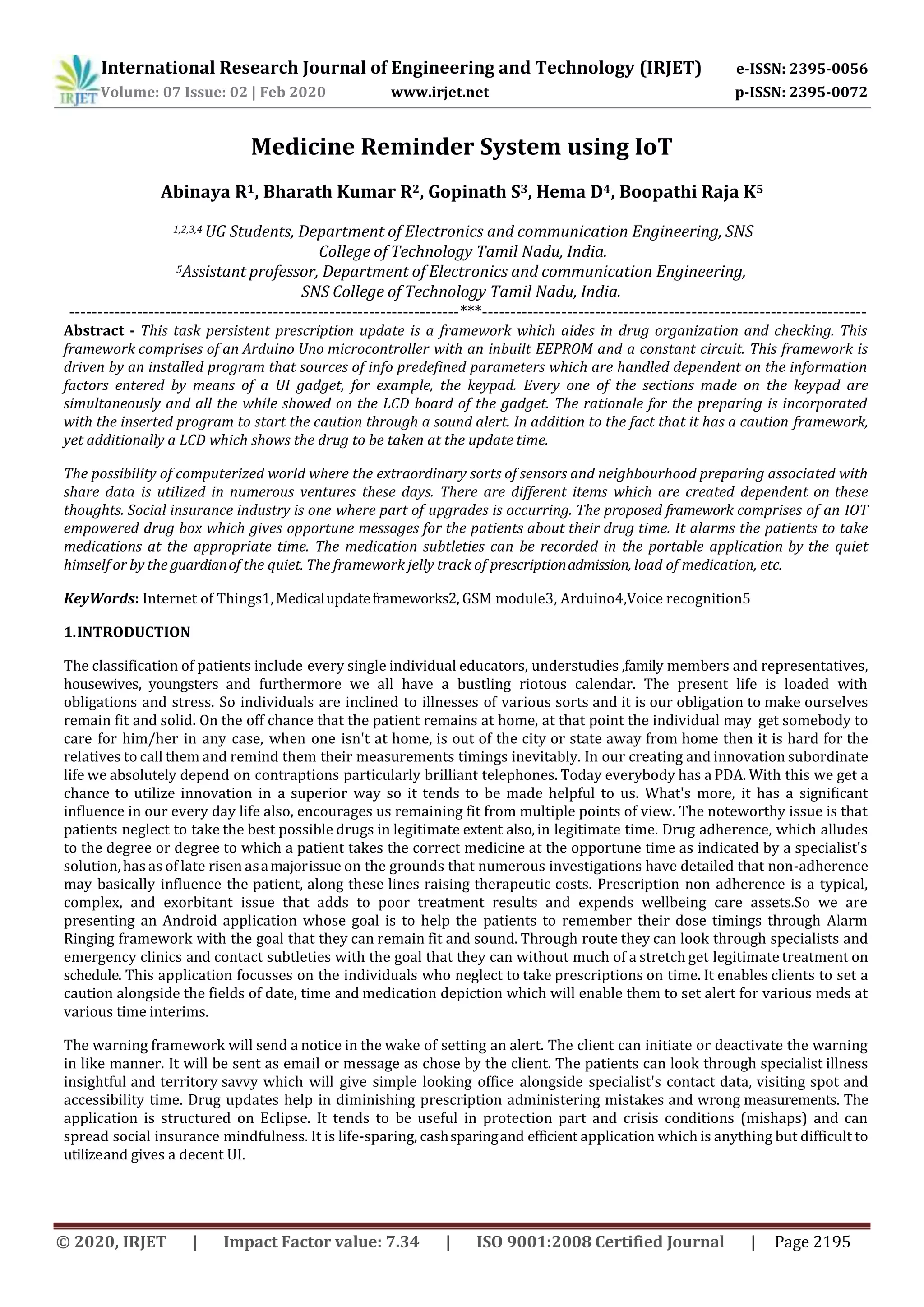 IRJET - Medicine Reminder System using IoT | PDF