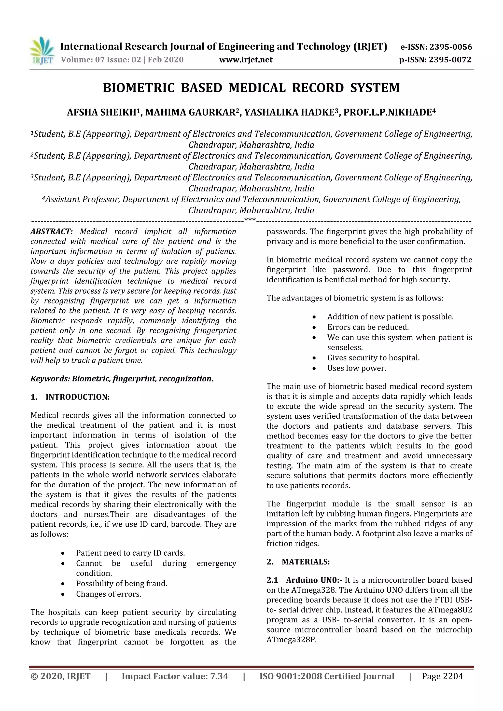 IRJET - Biometric based Medical Record System | PDF