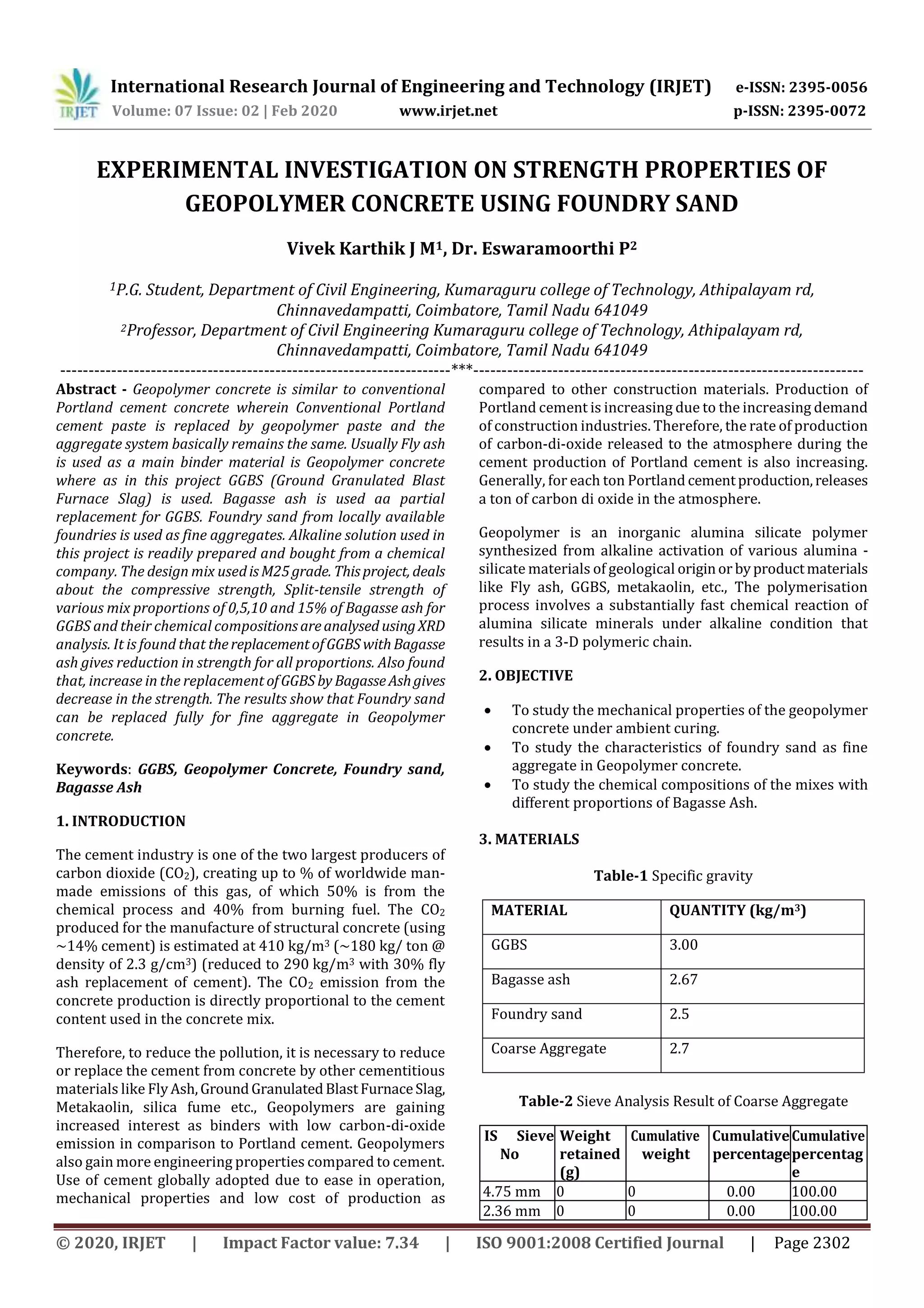 IRJET - Experimental Investigation on Strength Properties of Geopolymer Concrete using Foundry ...