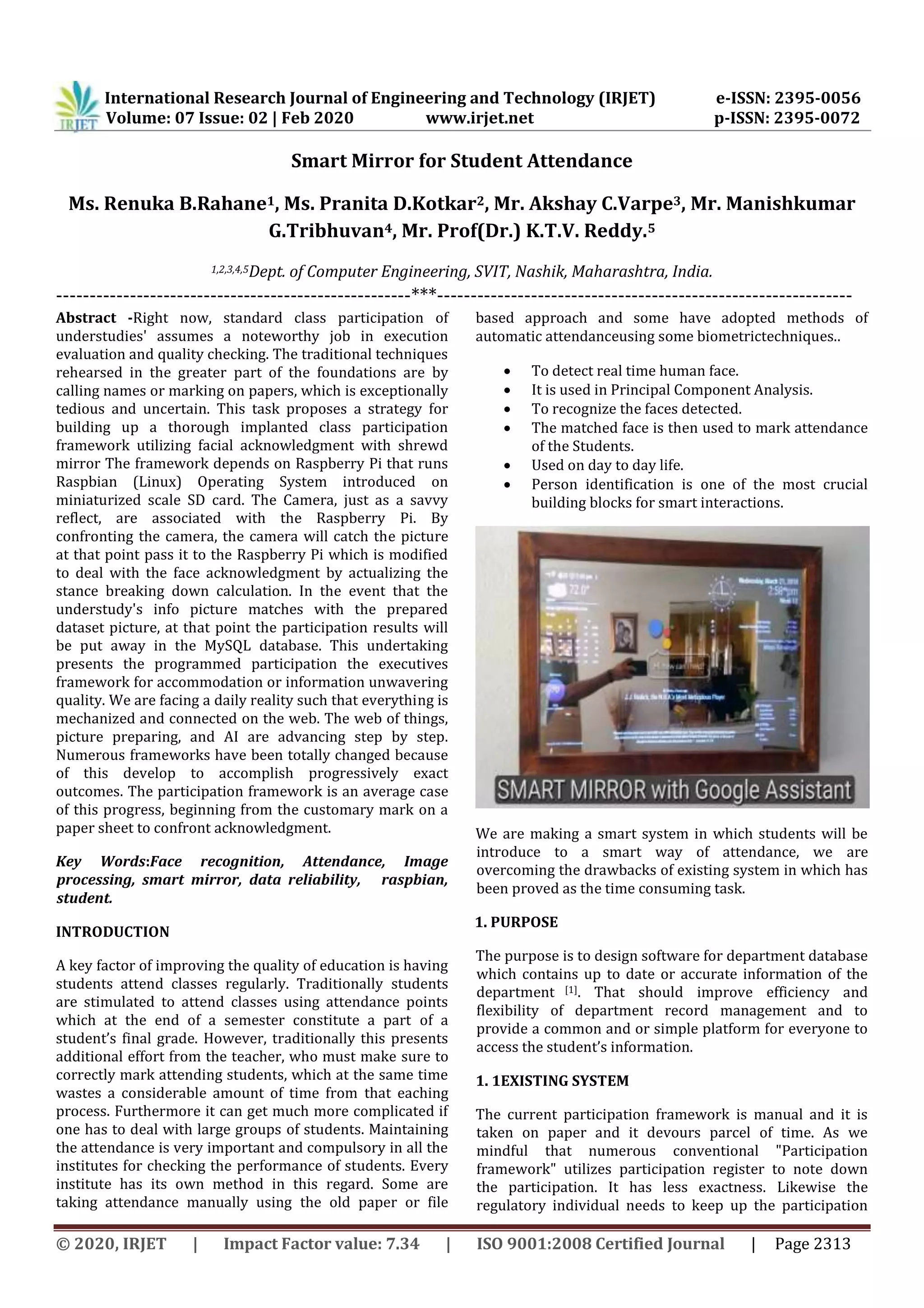 IRJET - Smart Mirror for Student Attendance | PDF