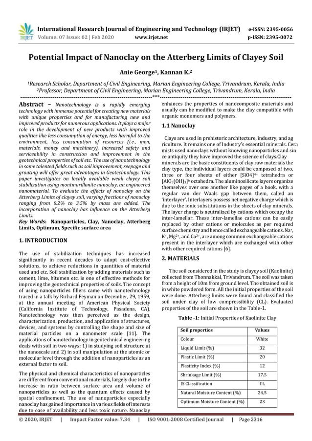 IRJET - Potential Impact of Nanoclay on the Atterberg Limits of Clayey Soil | PDF