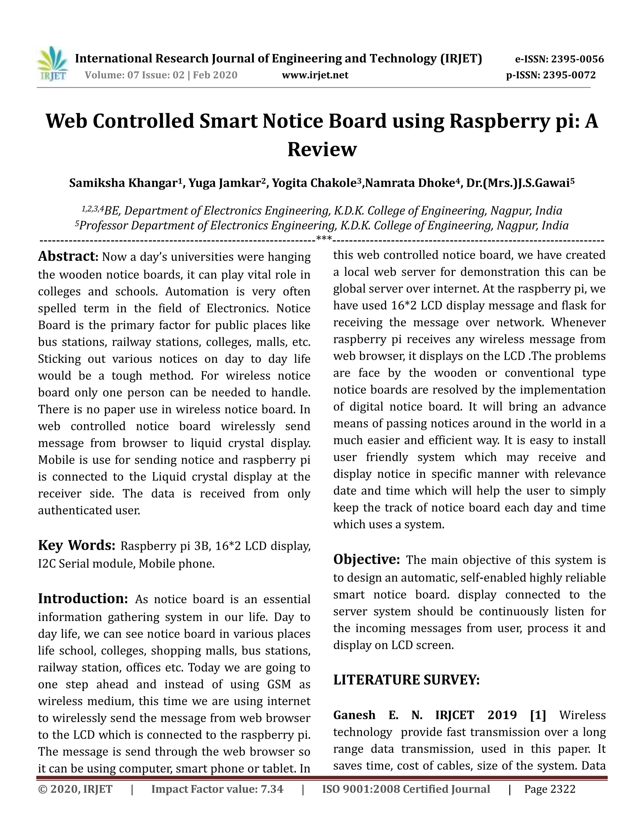 IRJET - Web Controlled Smart Notice Board using Raspberry Pi: A Review | PDF