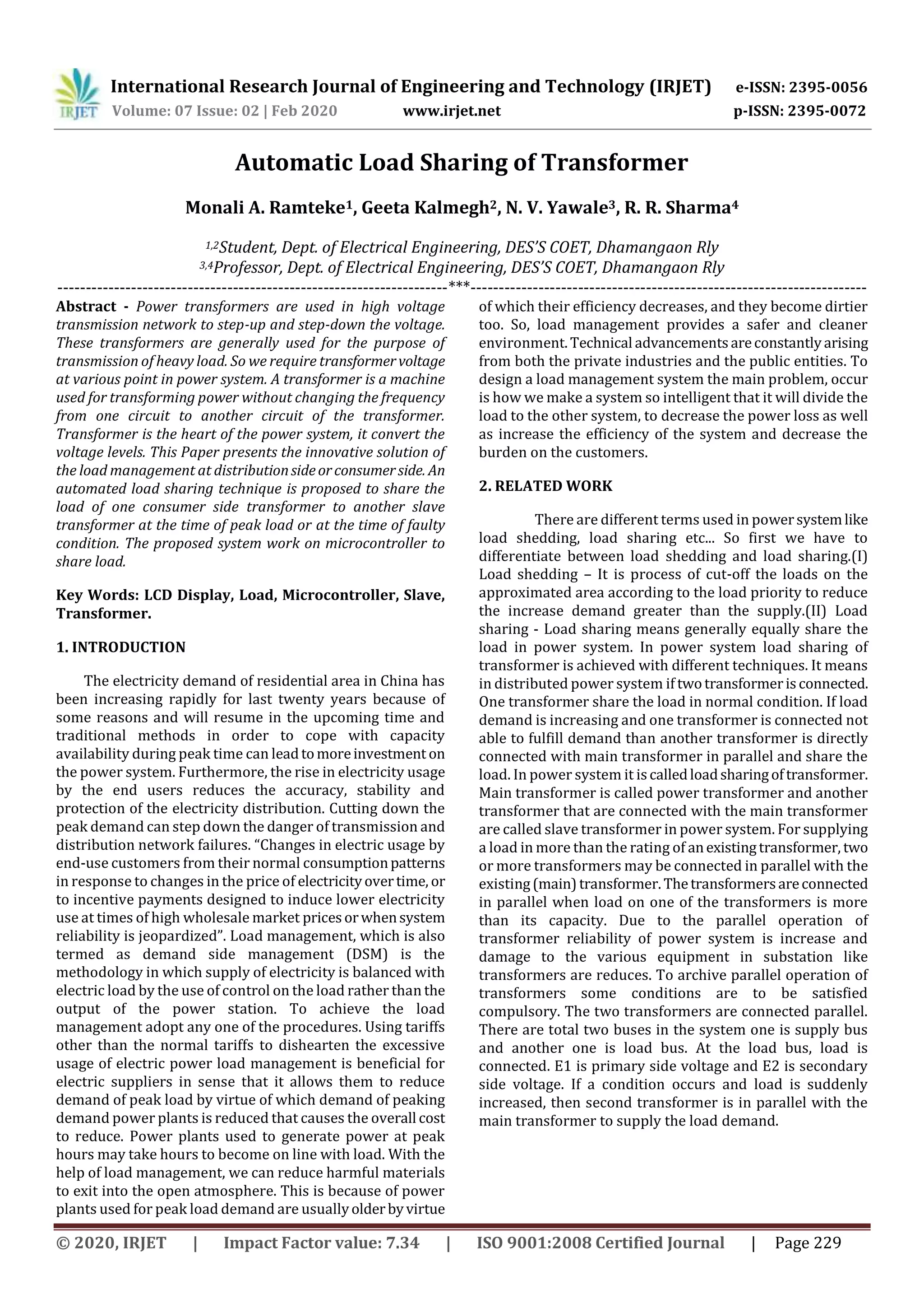 IRJET- Automatic Load Sharing of Transformer | PDF