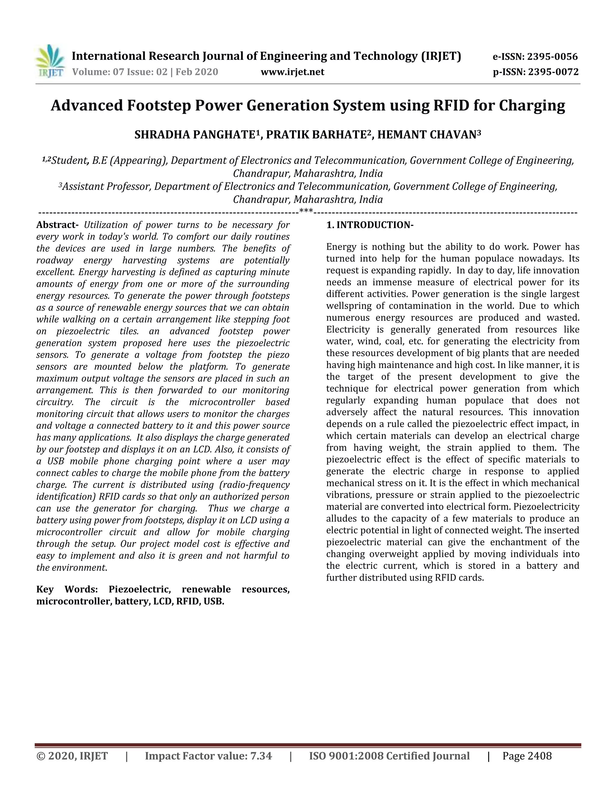 IRJET- Advanced Footstep Power Generation System using RFID for ...