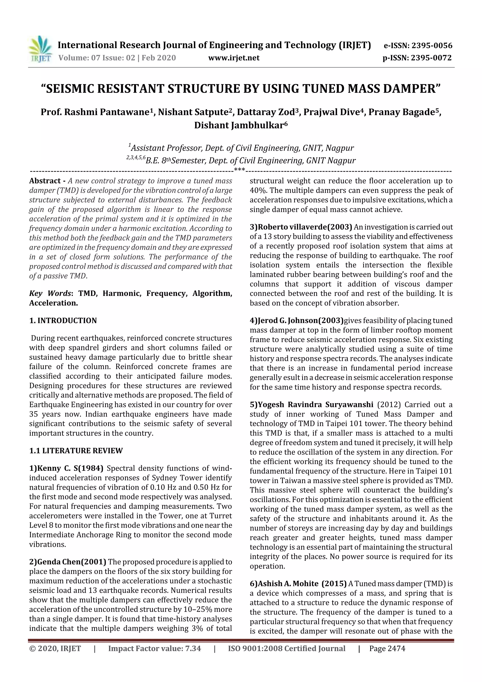 IRJET- Seismic Resistant Structure by using Tuned Mass Damper | PDF