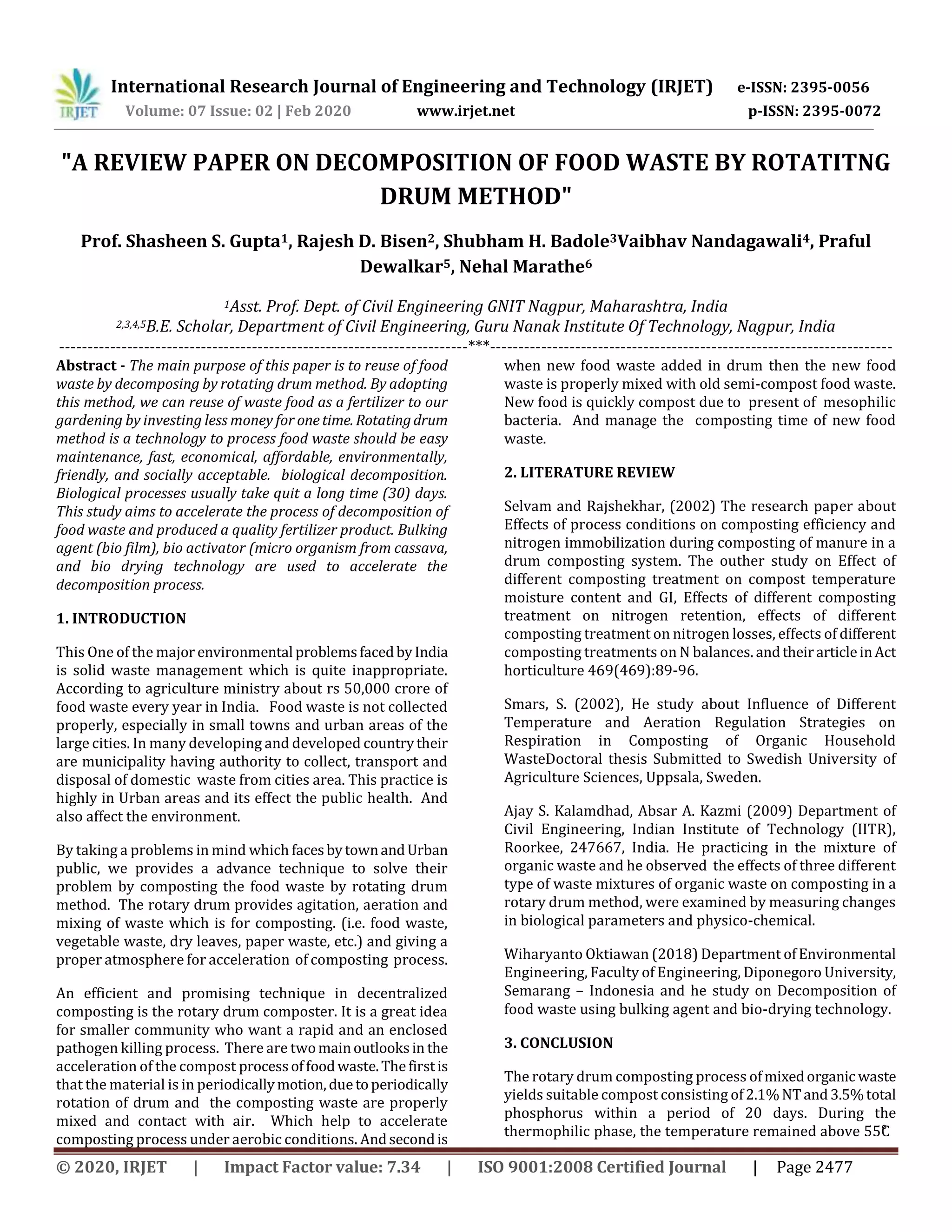 IRJET- A Review Paper on Decomposition of Food Waste by Rotatitng Drum ...