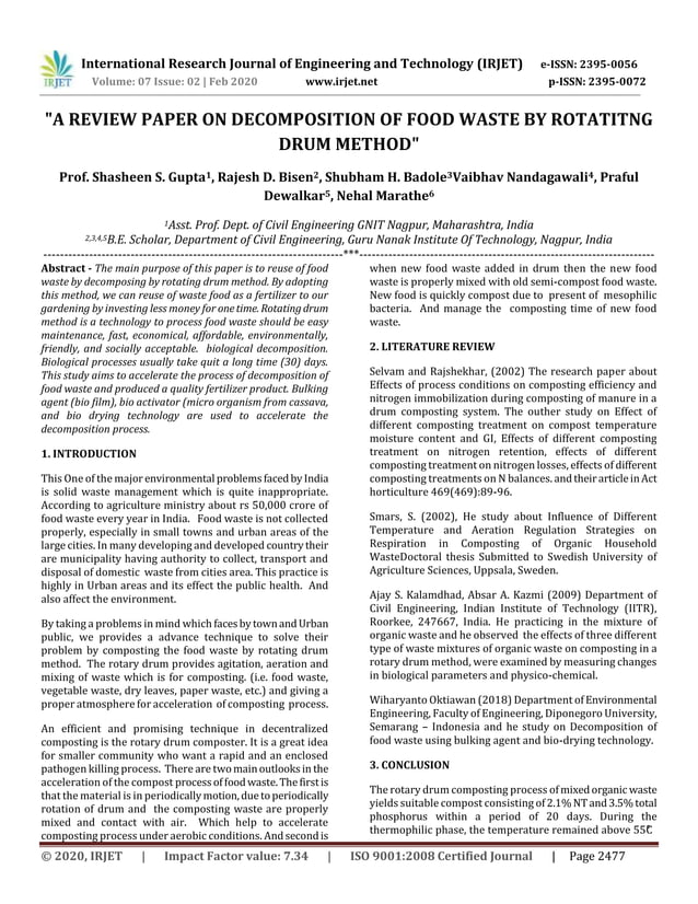 IRJET- A Review Paper on Decomposition of Food Waste by Rotatitng Drum ...