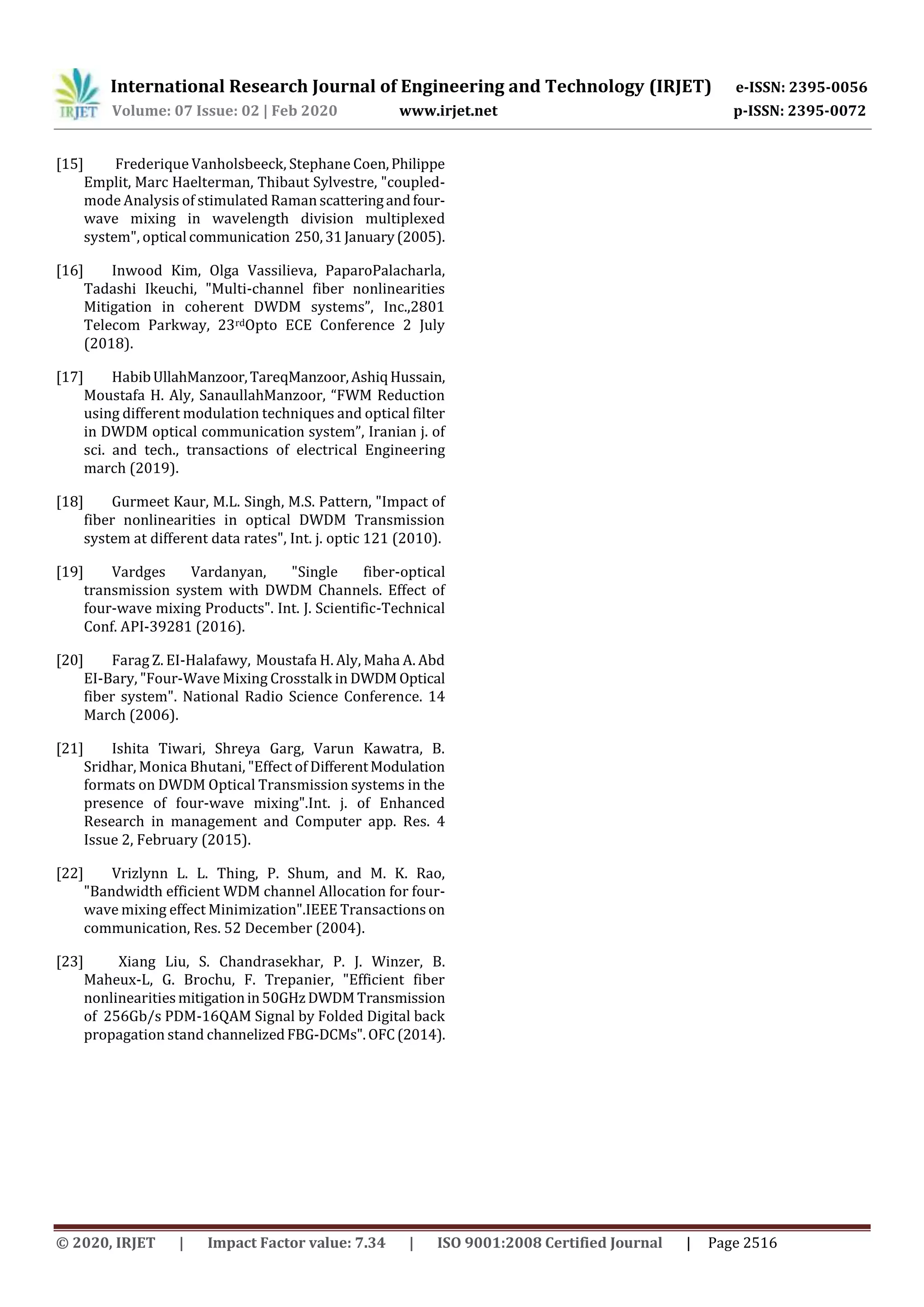 IRJET- Mitigation of Nonlinear Effects in Fiber Optic DWDM System | PDF