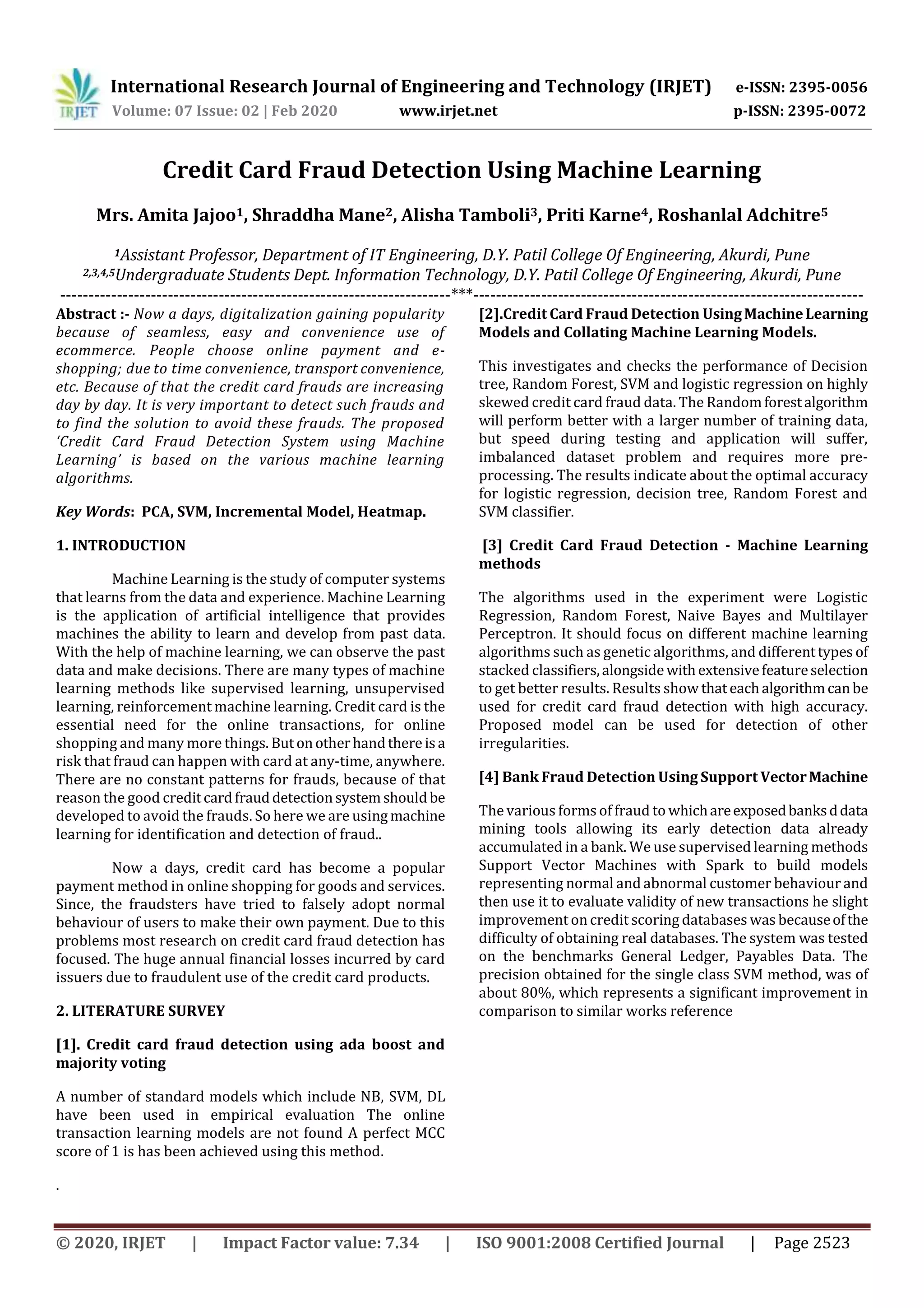 IRJET- Credit Card Fraud Detection using Machine Learning | PDF