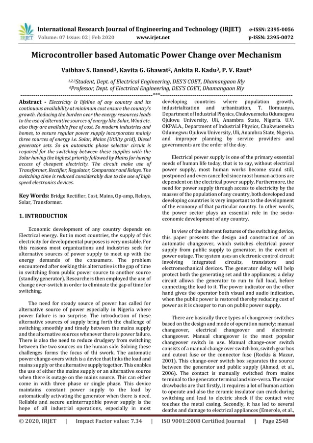 IRJET- Microcontroller based Automatic Power Change Over Mechanism | PDF