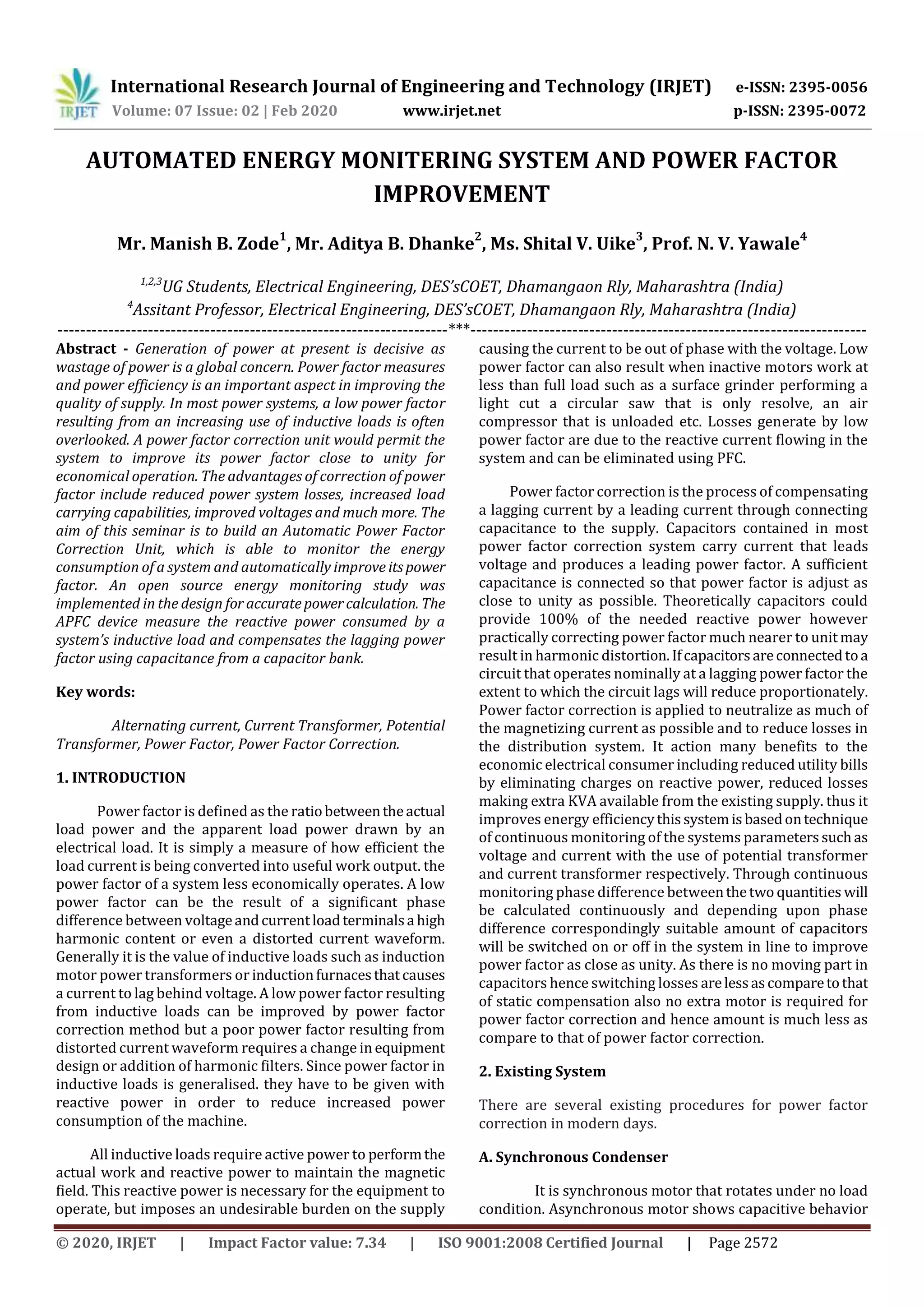 IRJET- Automated Energy Monitering System and Power Factor Improvement | PDF