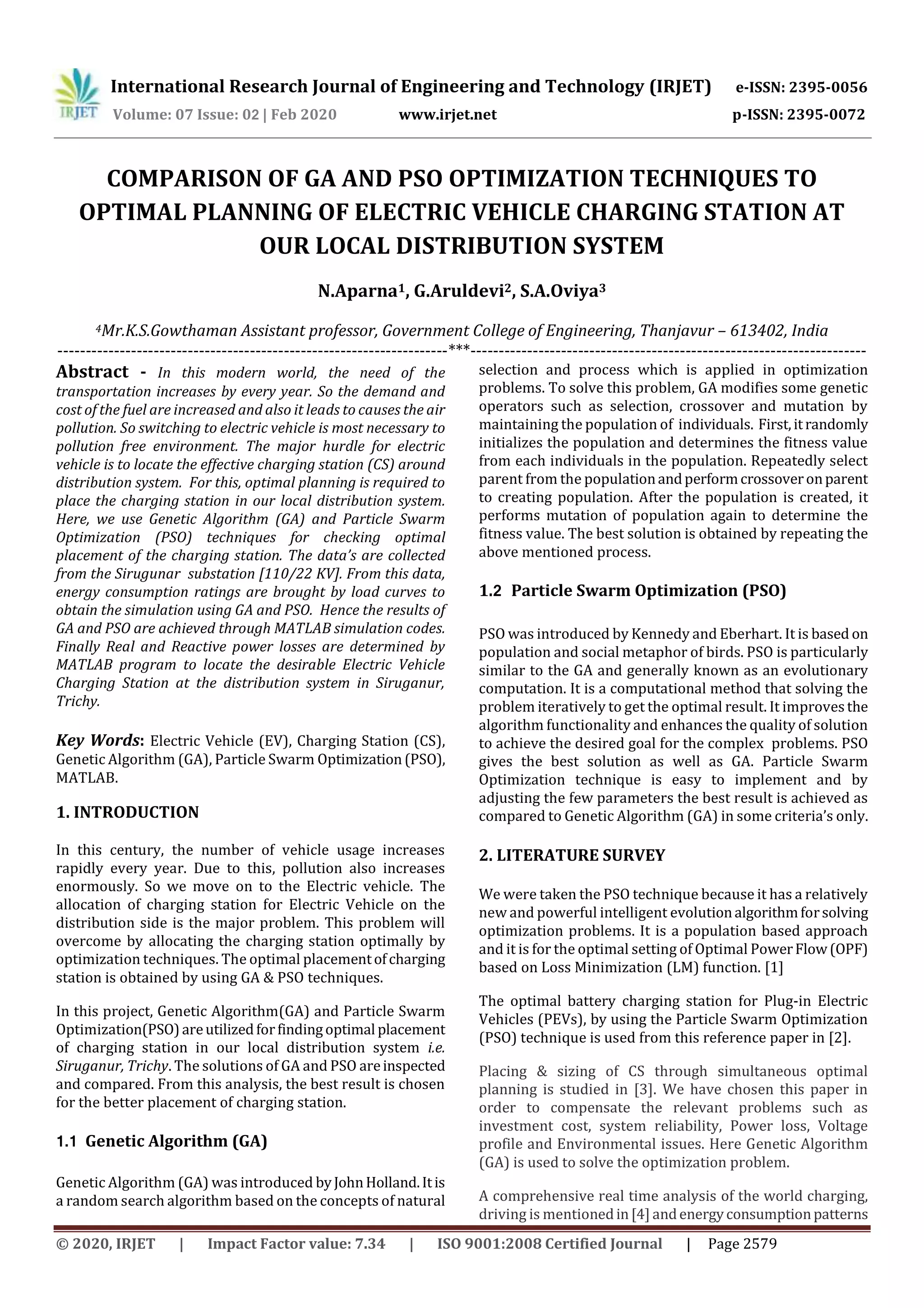 IRJET- Comparison of GA and PSO Optimization Techniques to Optimal Planning of Electric Vehicle ...