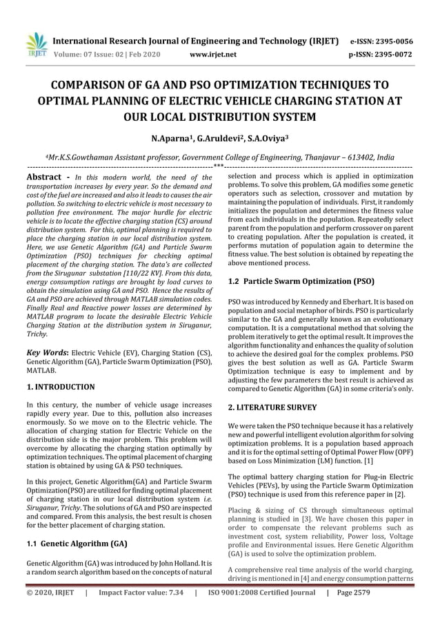 IRJET- Comparison of GA and PSO Optimization Techniques to Optimal Planning of Electric Vehicle ...