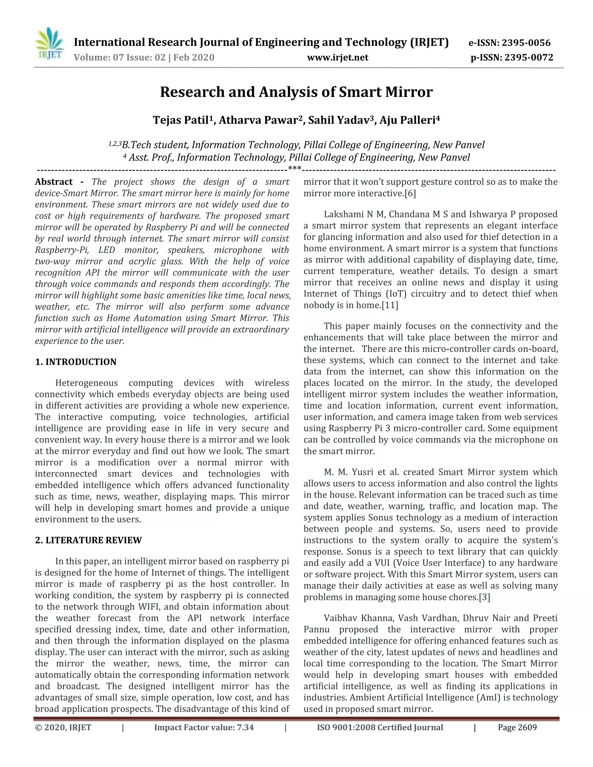 IRJET - Research and Analysis of Smart Mirror | PDF