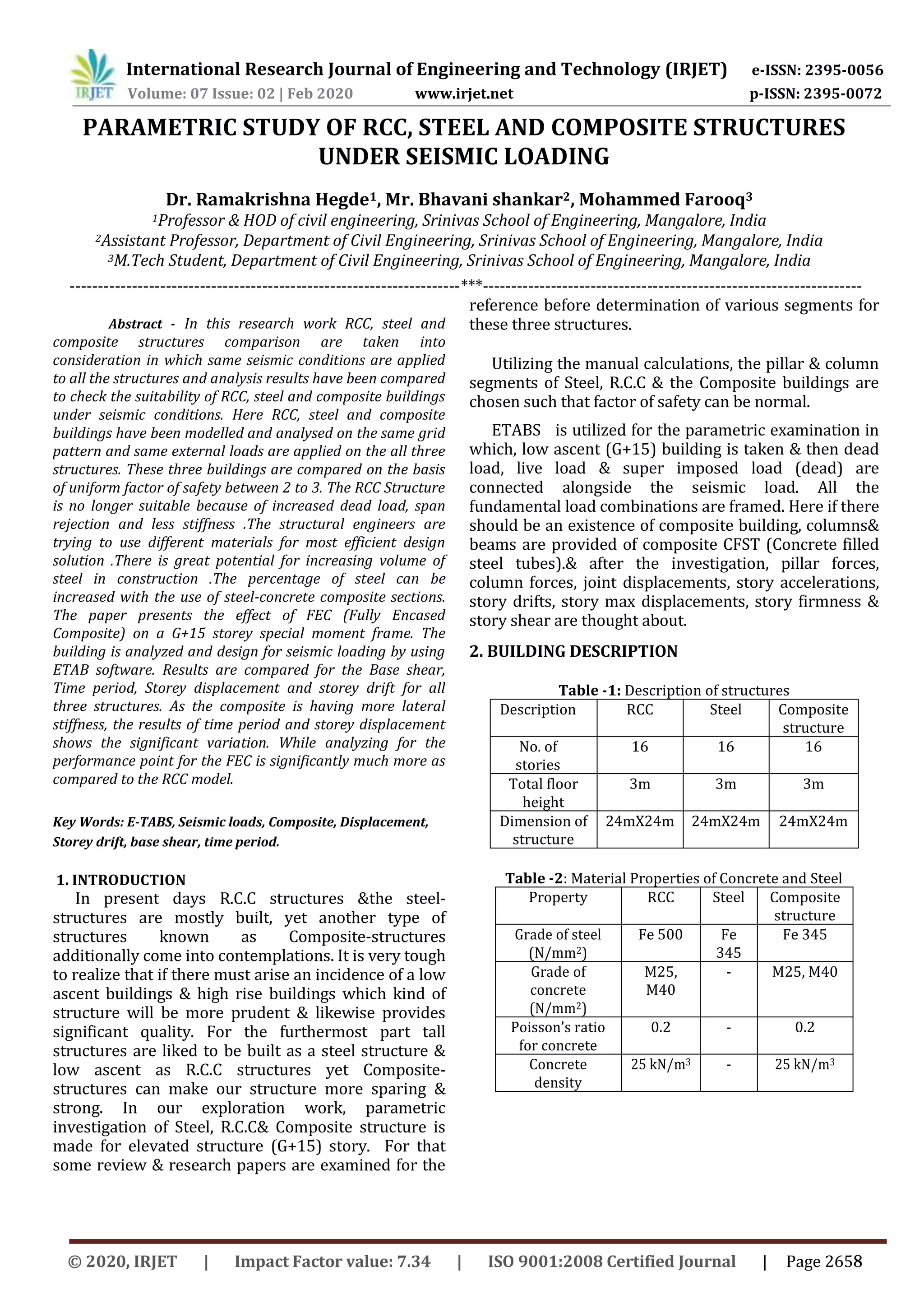 IRJET - Parametric Study of RCC, Steel and Composite Structures Under Seismic Loading | PDF