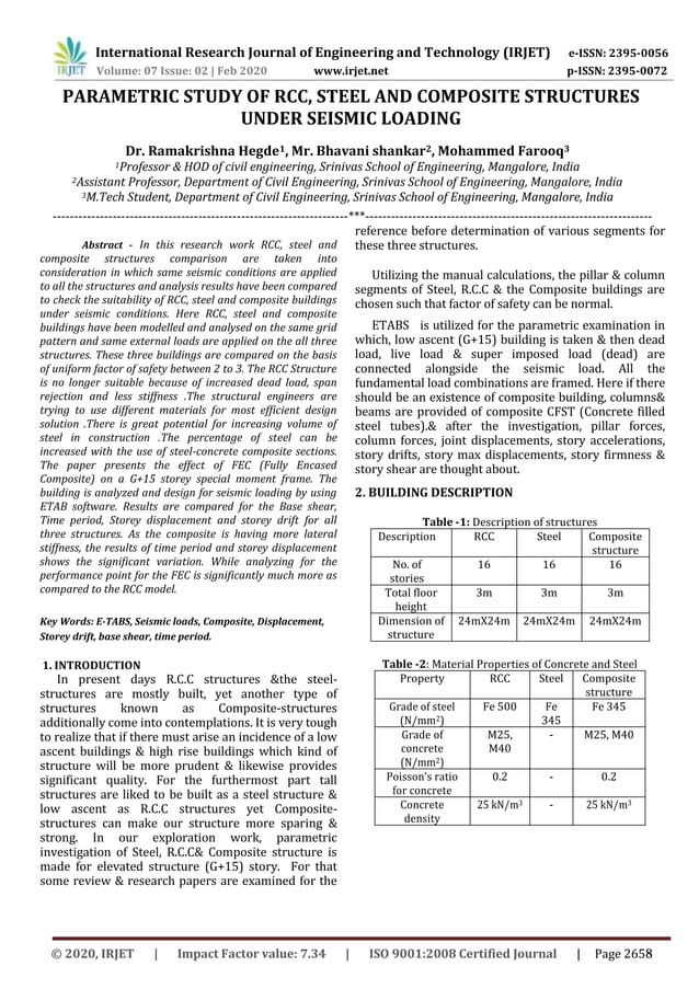 IRJET - Parametric Study of RCC, Steel and Composite Structures Under Seismic Loading | PDF