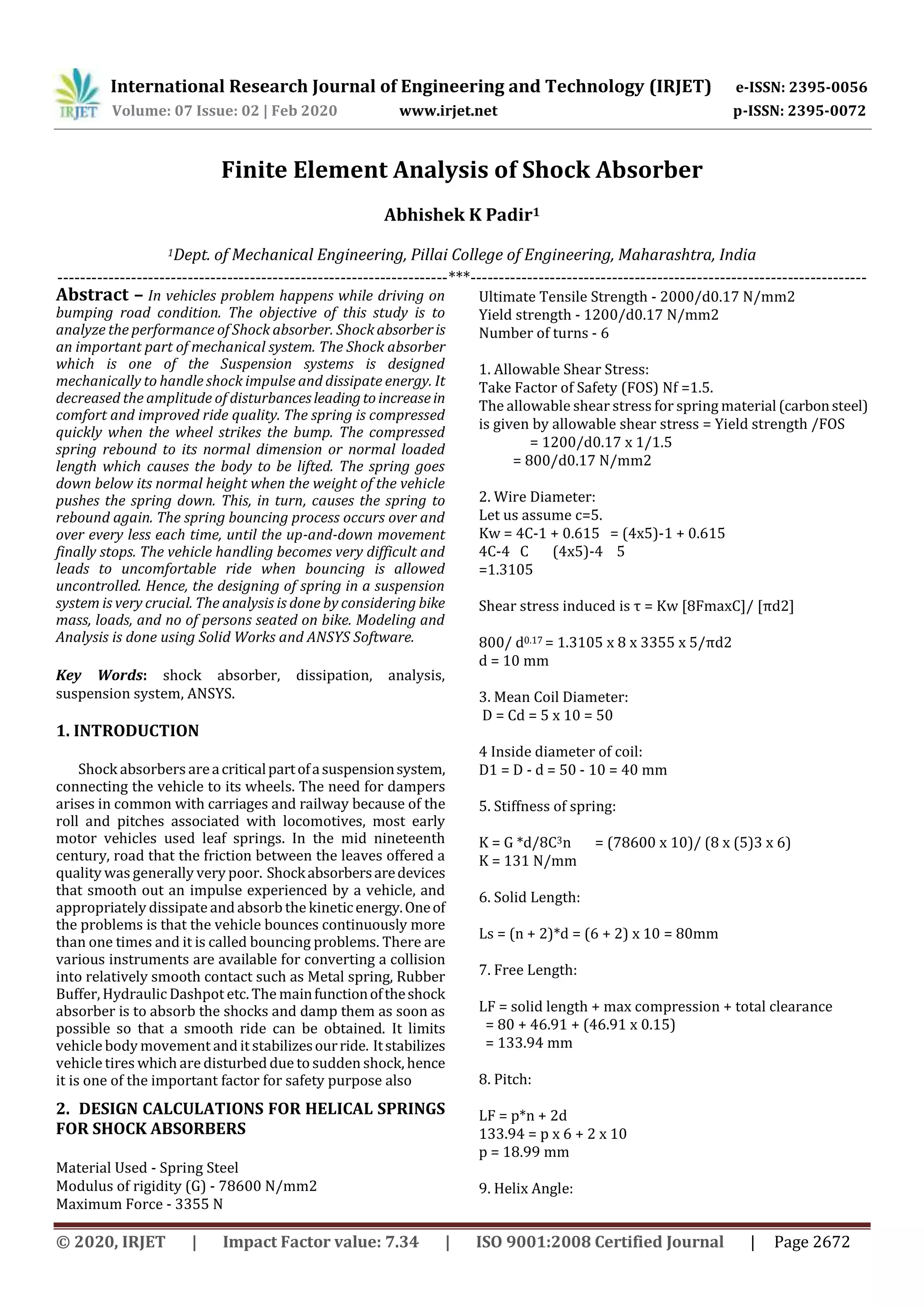 IRJET - Finite Element Analysis of Shock Absorber | PDF