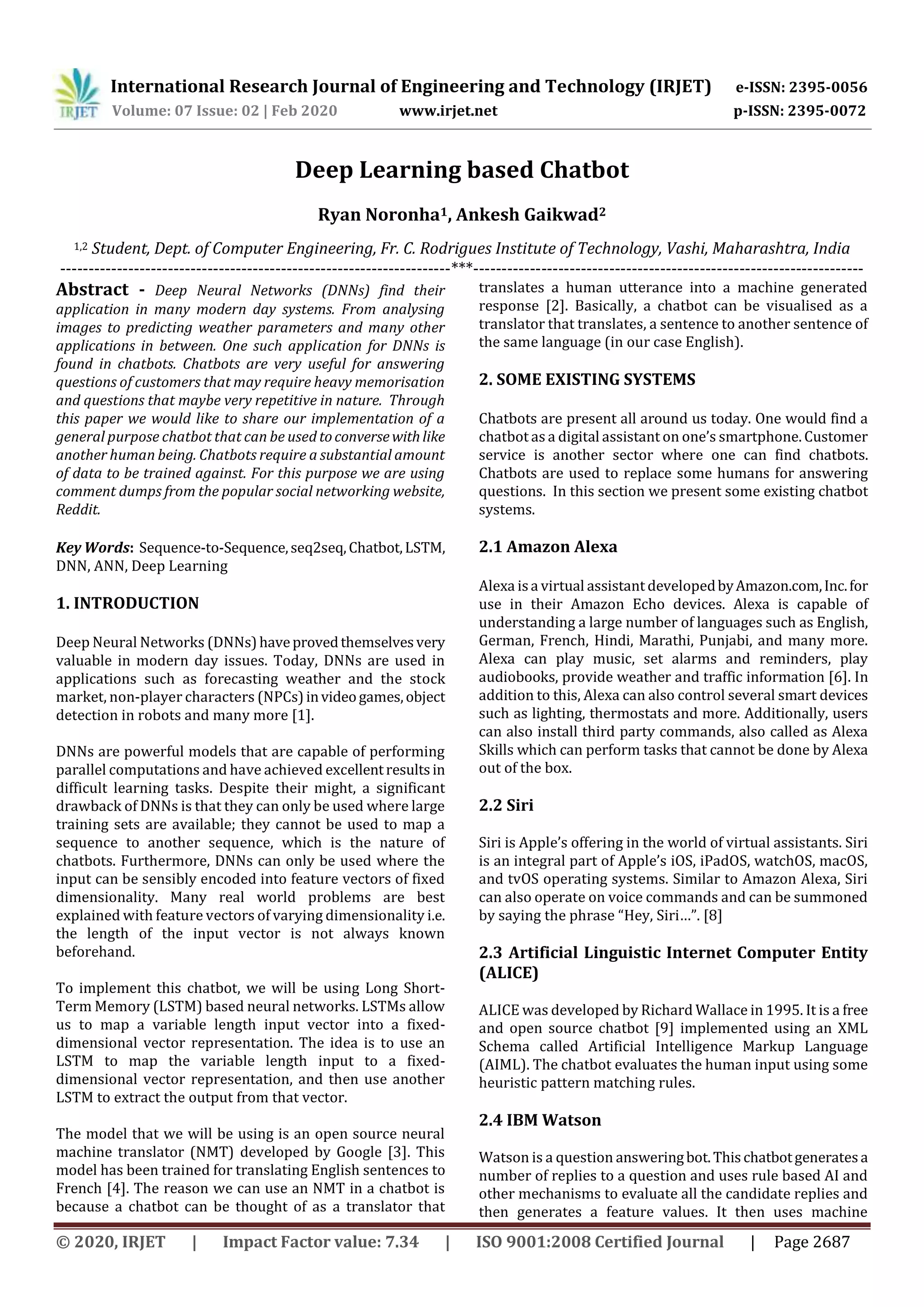 IRJET - Deep Learning based Chatbot | PDF