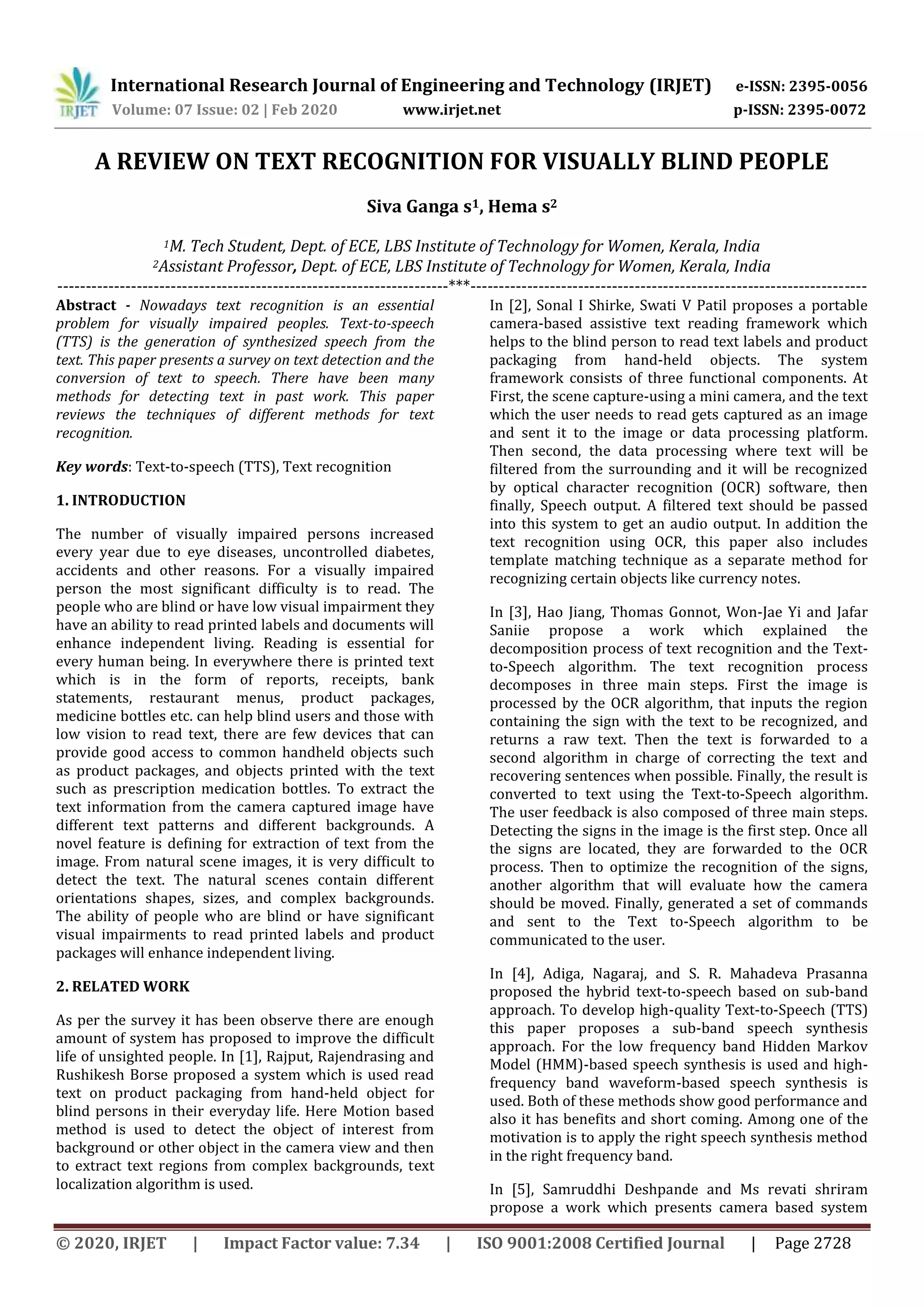 IRJET - A Review on Text Recognition for Visually Blind People | PDF