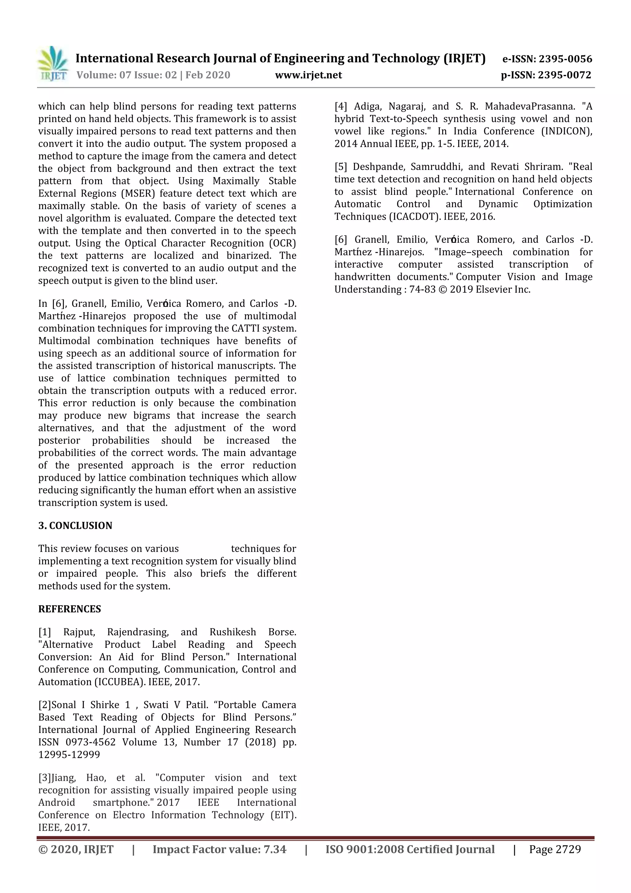 IRJET - A Review on Text Recognition for Visually Blind People | PDF