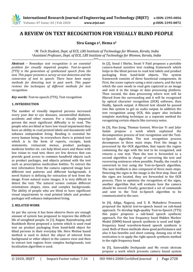 IRJET - A Review on Text Recognition for Visually Blind People | PDF