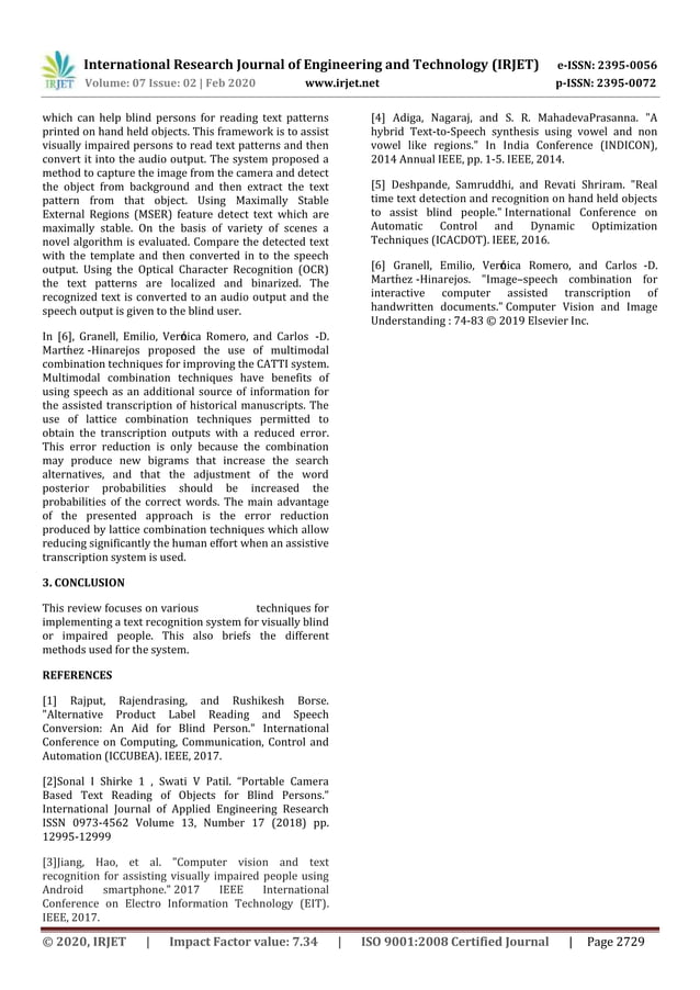 IRJET - A Review on Text Recognition for Visually Blind People | PDF